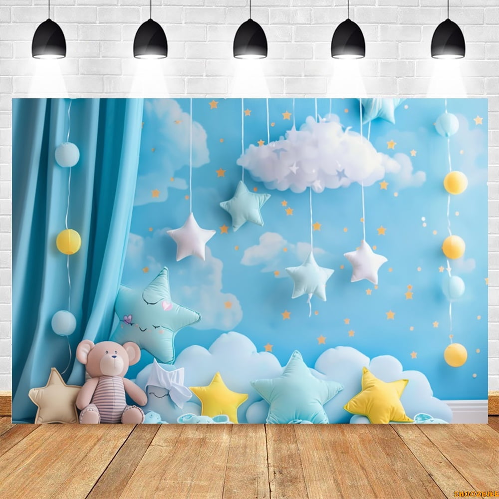 Newborn Baby Birthday Party Backdrop Toy Bears Balloons Moon Star Sky ...