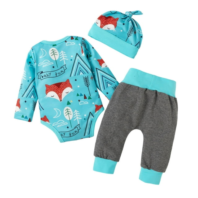 Newborn Baby Boy Clothes 3M 6M 9M 12M Cute Print Onesie Romper Pocket Pants Outfit Fall Winter ...