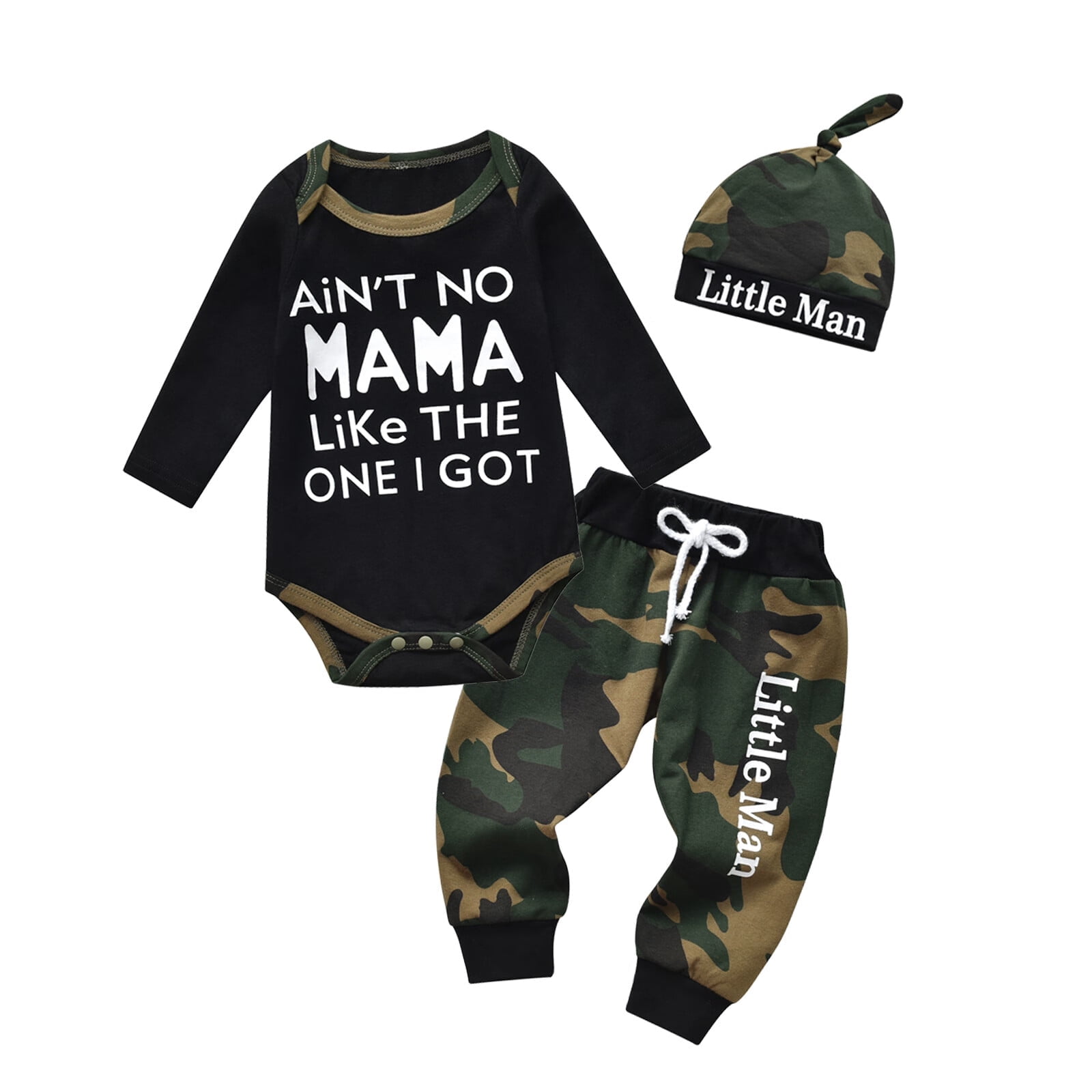 Newborn Baby Boy Clothes Letter Long Sleeve Romper + Pants + Hat 3PCS Outfits Set Black 0-3 ...