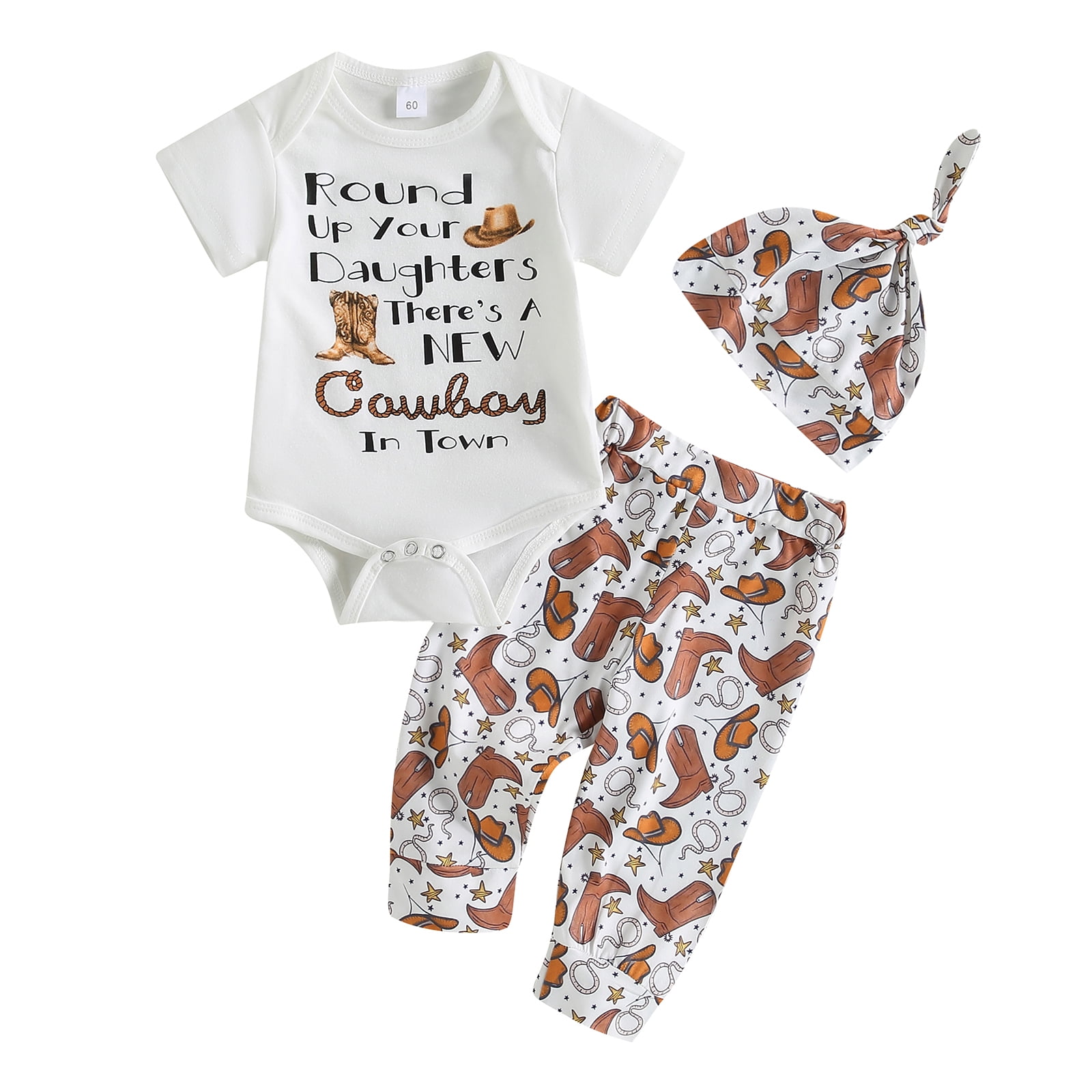 Newborn Baby Boy Girl 3Pcs 3M 6M 12M 18M Western Letter Cow Print Short/Long Sleeve Onesie ...