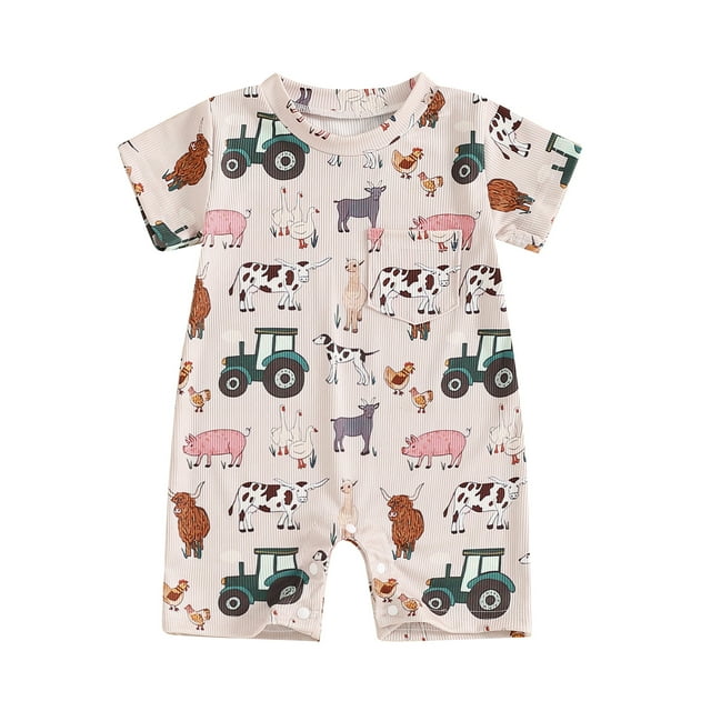 Newborn Baby Boy Girl Farm Outfit Animal Chicken Tractor Print Romper Short Sleeve Jumpsuit One ...