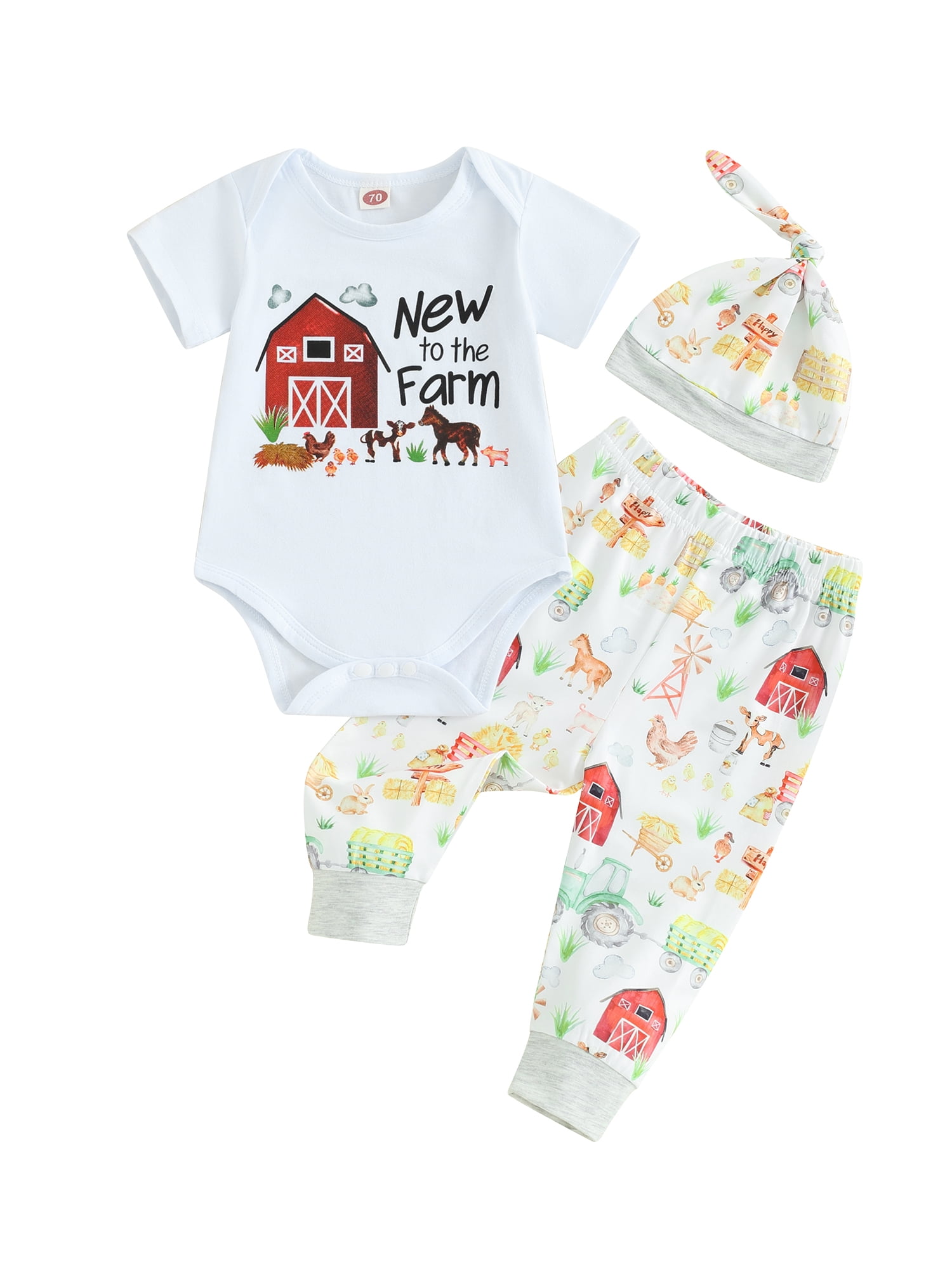 Newborn Baby Boy Girl Farm Outfit New to the Farm Romper Animal Chicken Cow Horse Print Long ...