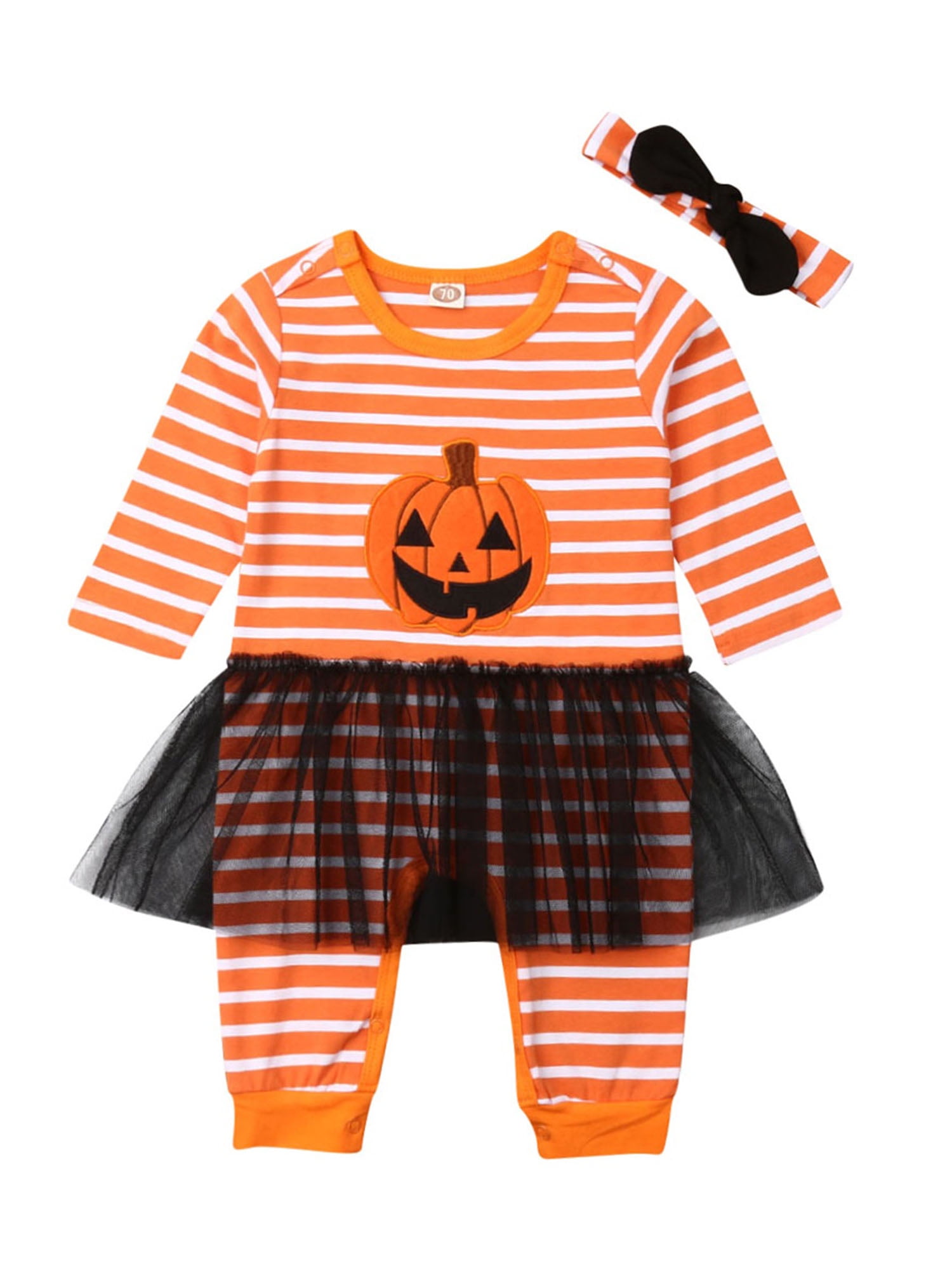 Newborn Baby Boy Girl Halloween Outfit Clothes Long Sleeve Pumpkin Romper Striped Jumpsuit ...