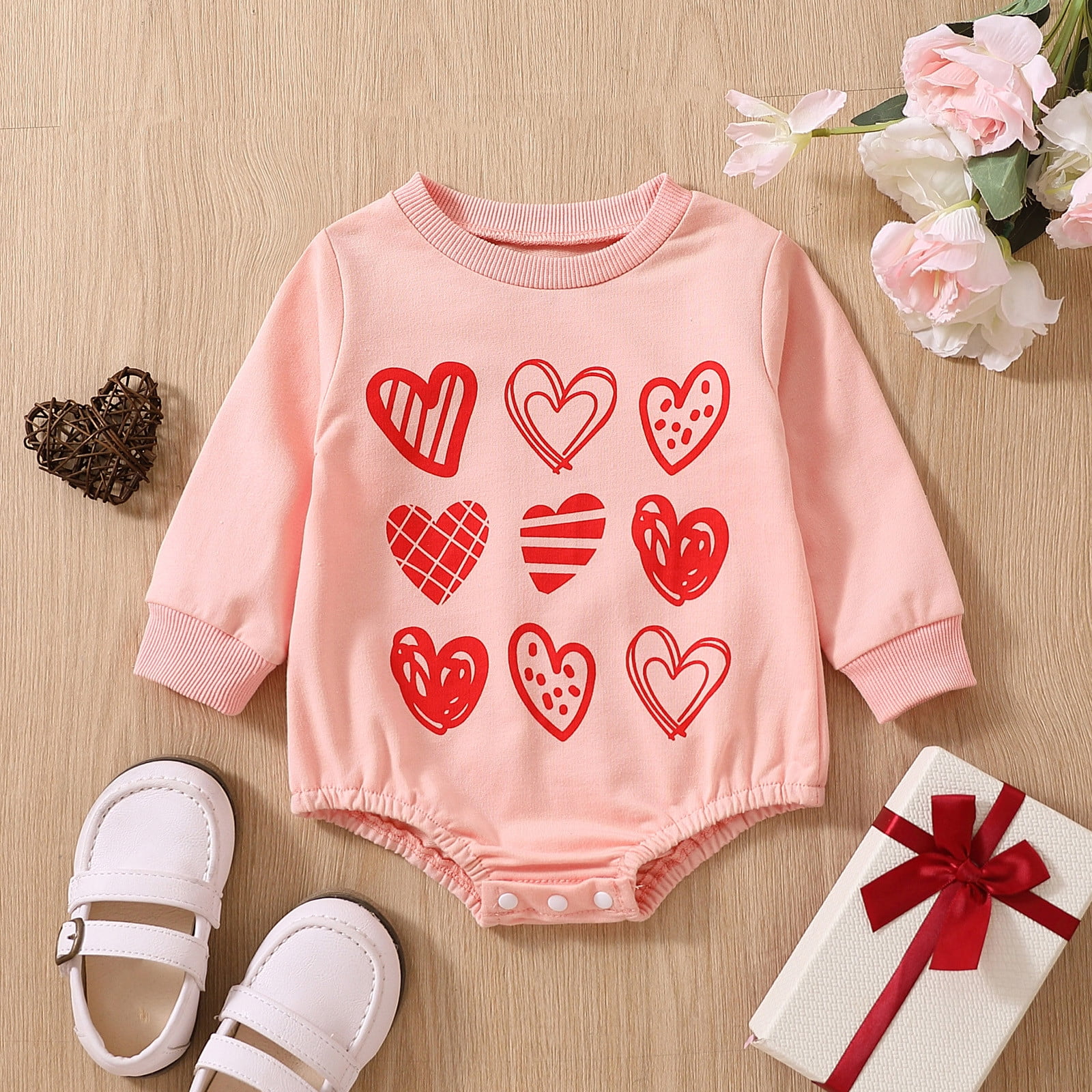 Baby Boy Girl Valentine's Day Outfits Heart Crewneck Long Sleeve Bubble Bodysuit Cute Romper ...