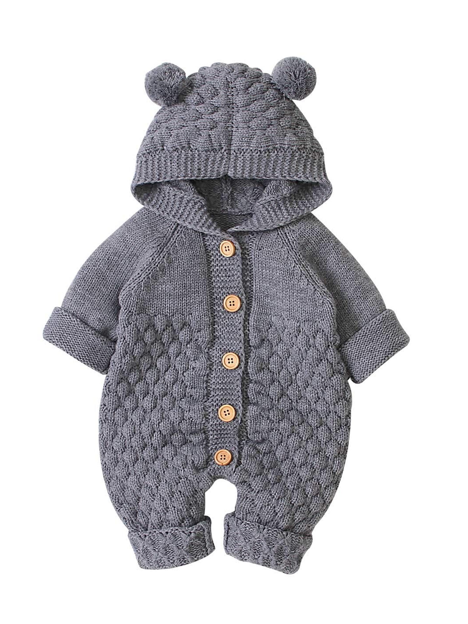 Newborn Baby Boy Girls Bear Ear Knit Romper Hooded Wool Sweater ...