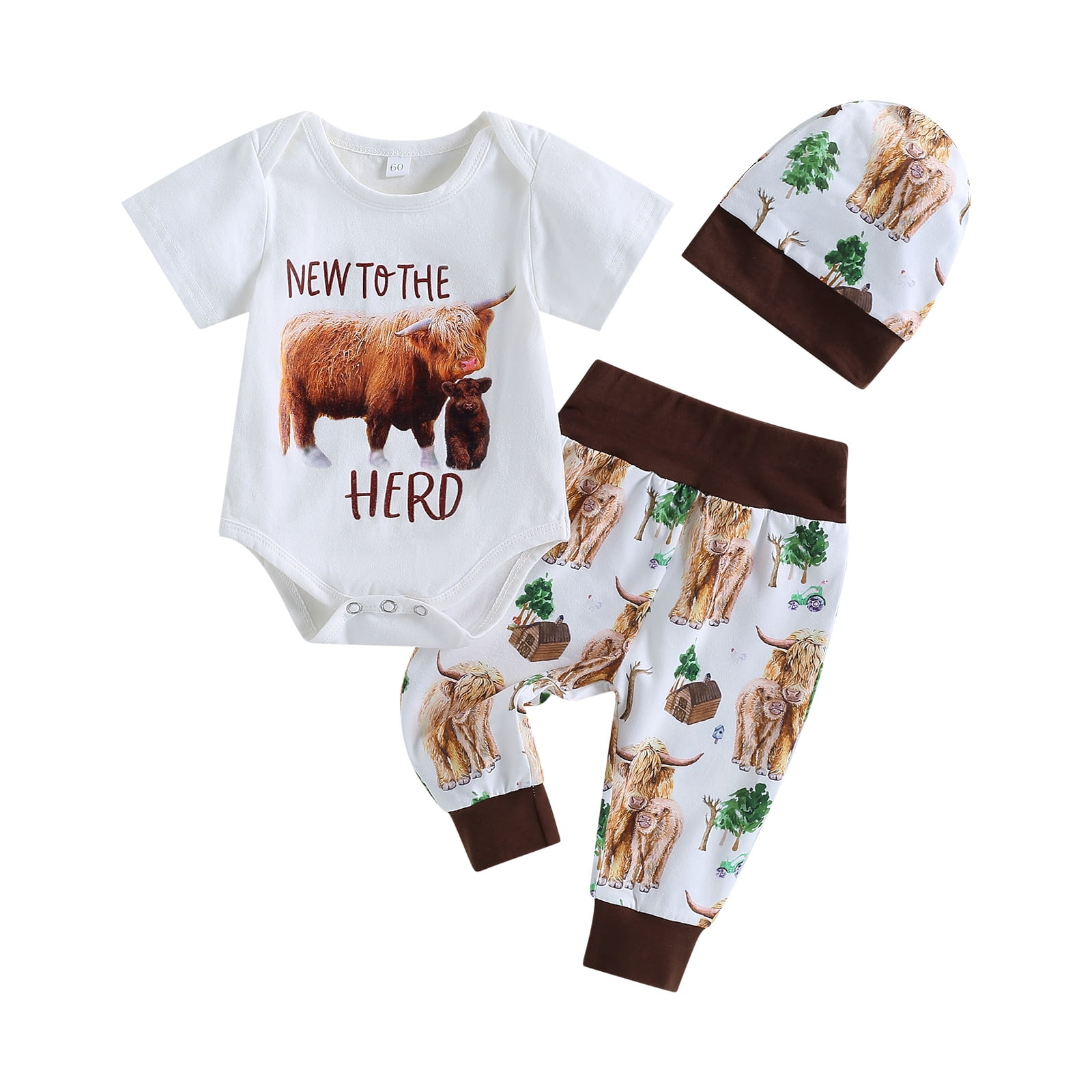 Newborn Baby Boy Summer Clothes 3M 6M 12M 18M New to The Herd Onesie Cow Print Pants 3Pcs ...