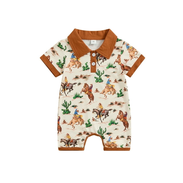 Newborn Baby Boy Western Outfits Tractors Horse Cow Print Cowboy Polo Romper Shorts Jumpsuit ...