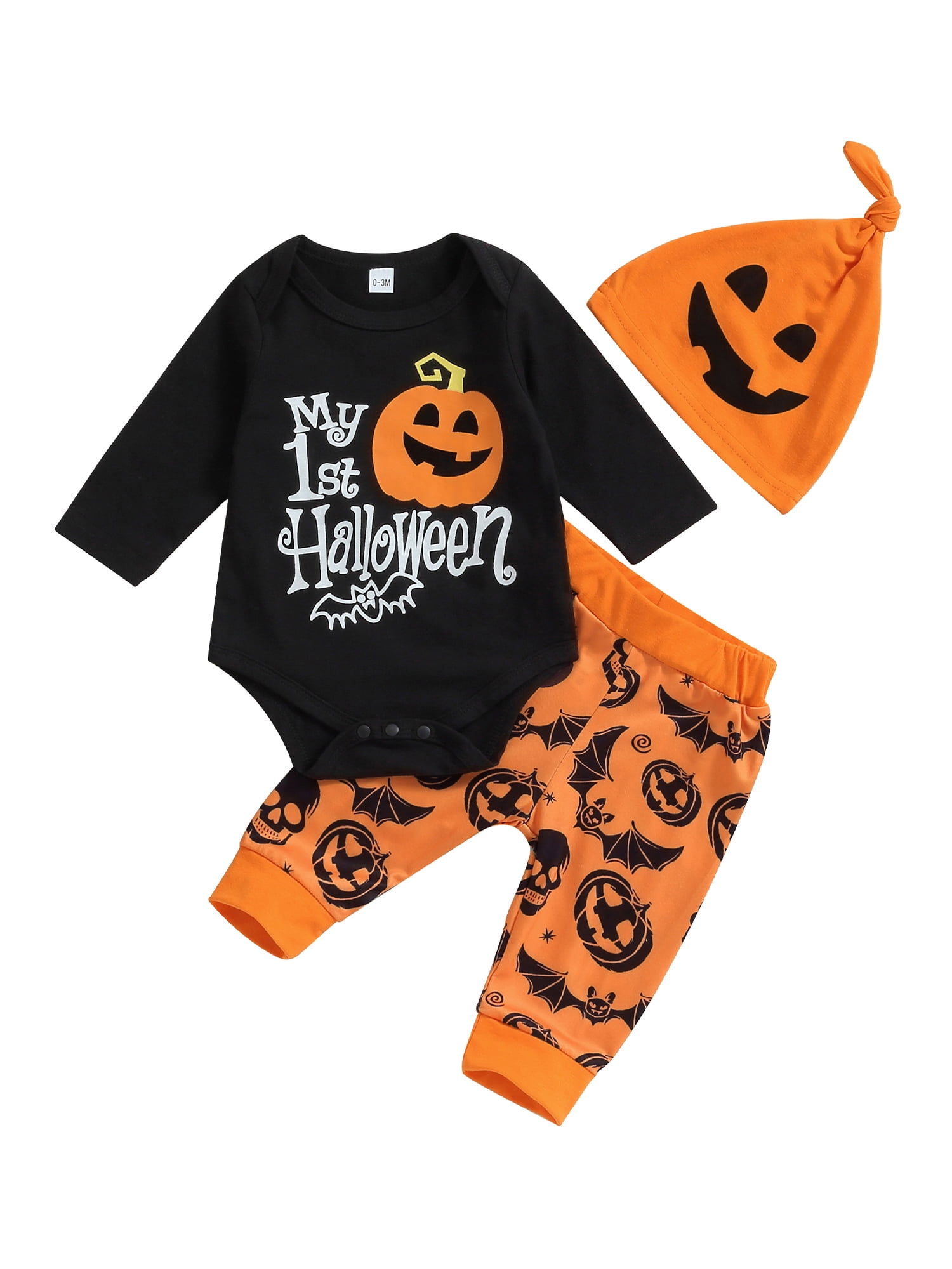 Newborn Baby Boys Girls First Halloween Outfits Long Sleeve Pumpkin Print Romper + Pants + Hat ...