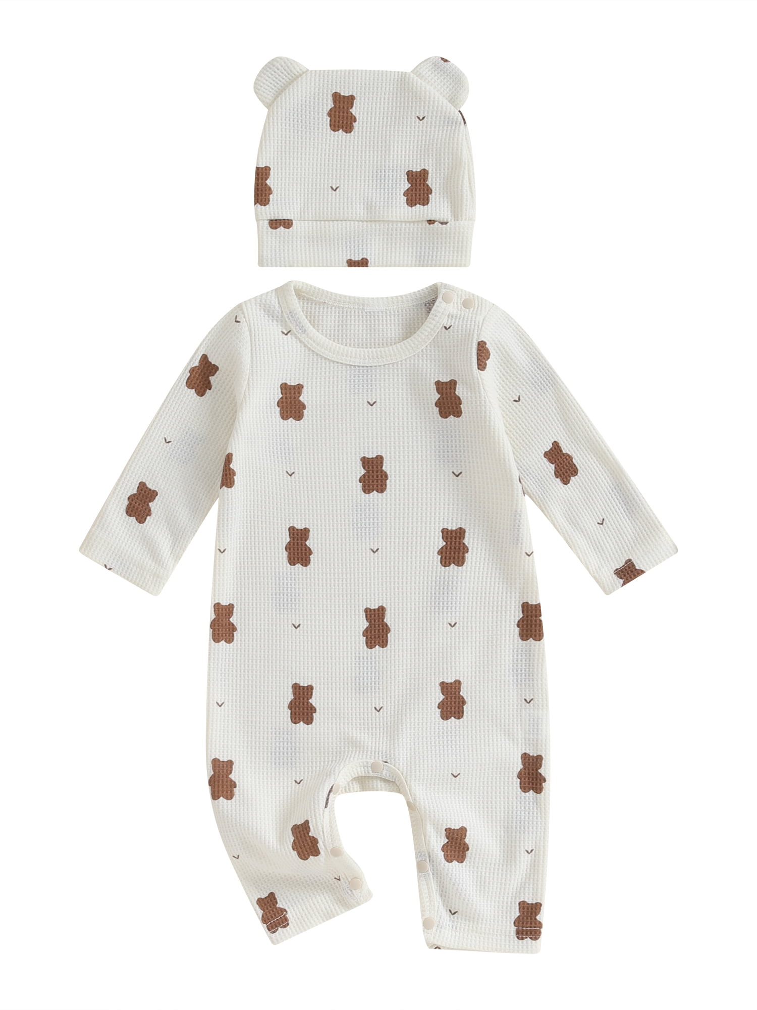 Newborn Baby Boys Girsl Waffle Jumpsuit Bear Print Long Sleeve Button ...