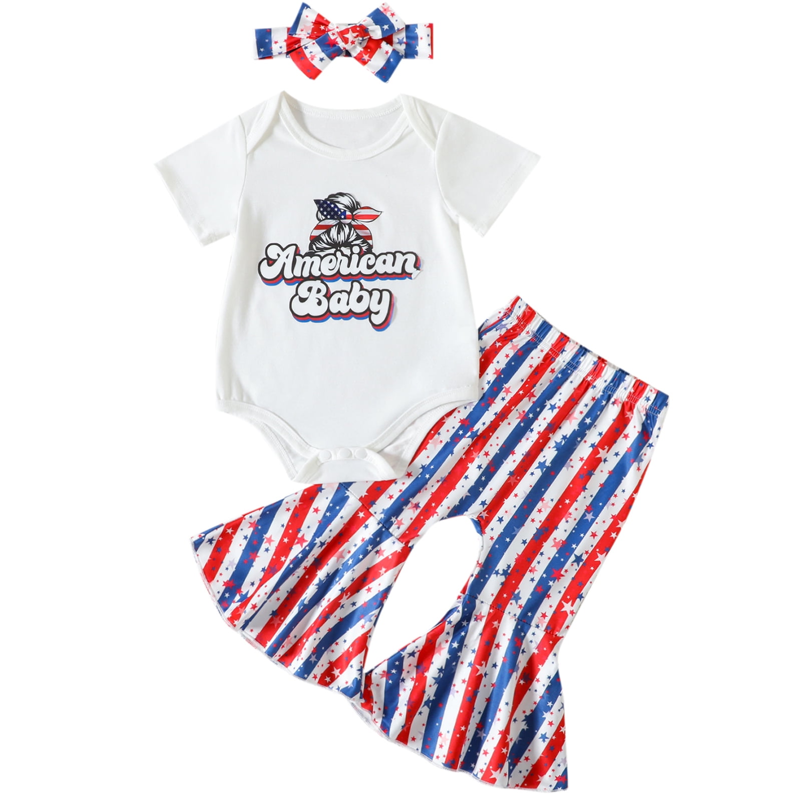 Newborn Baby Girl 4th of July Outfits Set Short Sleeves Romper Star Stripe Flare Pants 3pcs ...