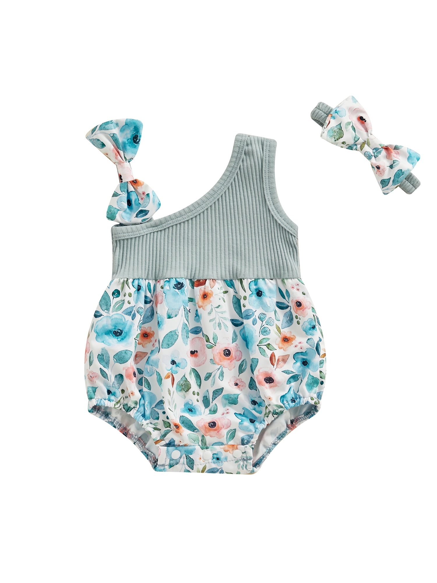 Newborn Baby Girl Bodysuit Floral/Butterfly Print Bow Oblique Shoulder Romper One-piece Jumpsuit ...
