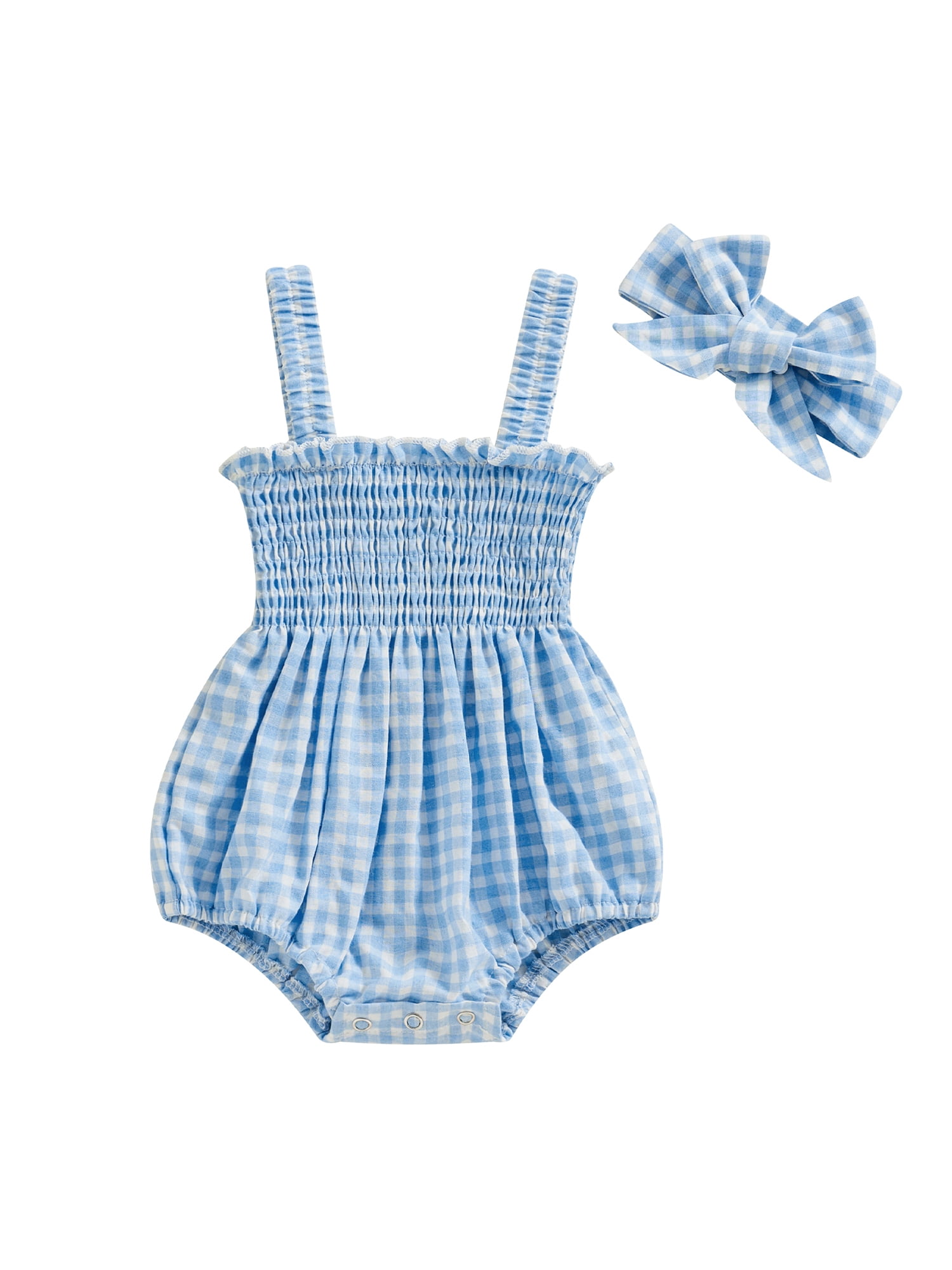 Newborn Baby Girl Bodysuit Sleeveless Halter Frill Smocked Strap Romper One-piece Jumpsuit with ...