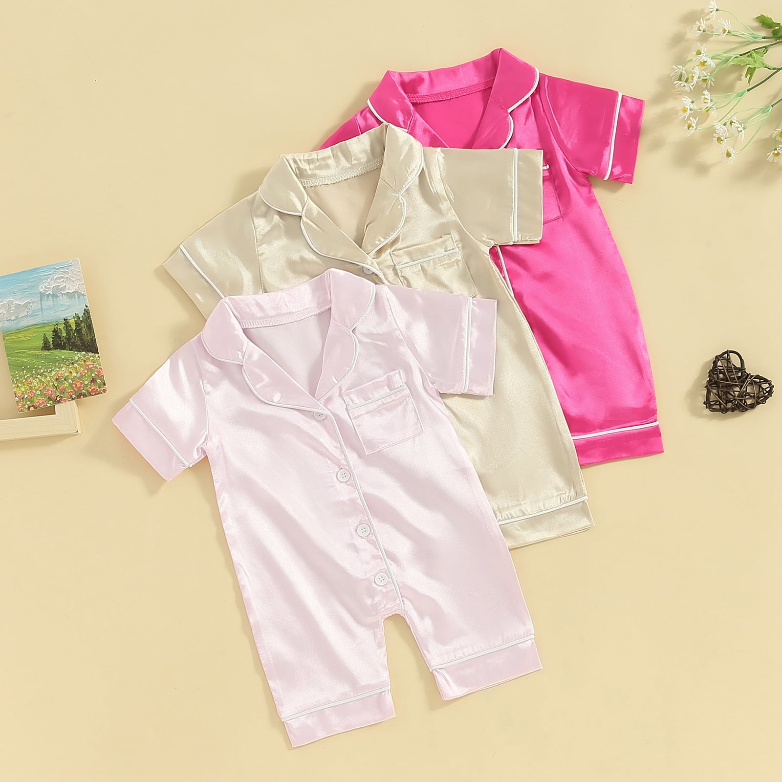 Newborn Baby Girl Boy Silk Pajamas Rompers Button Down Short Sleeve Satin Infant Pjs Jumpsuit ...