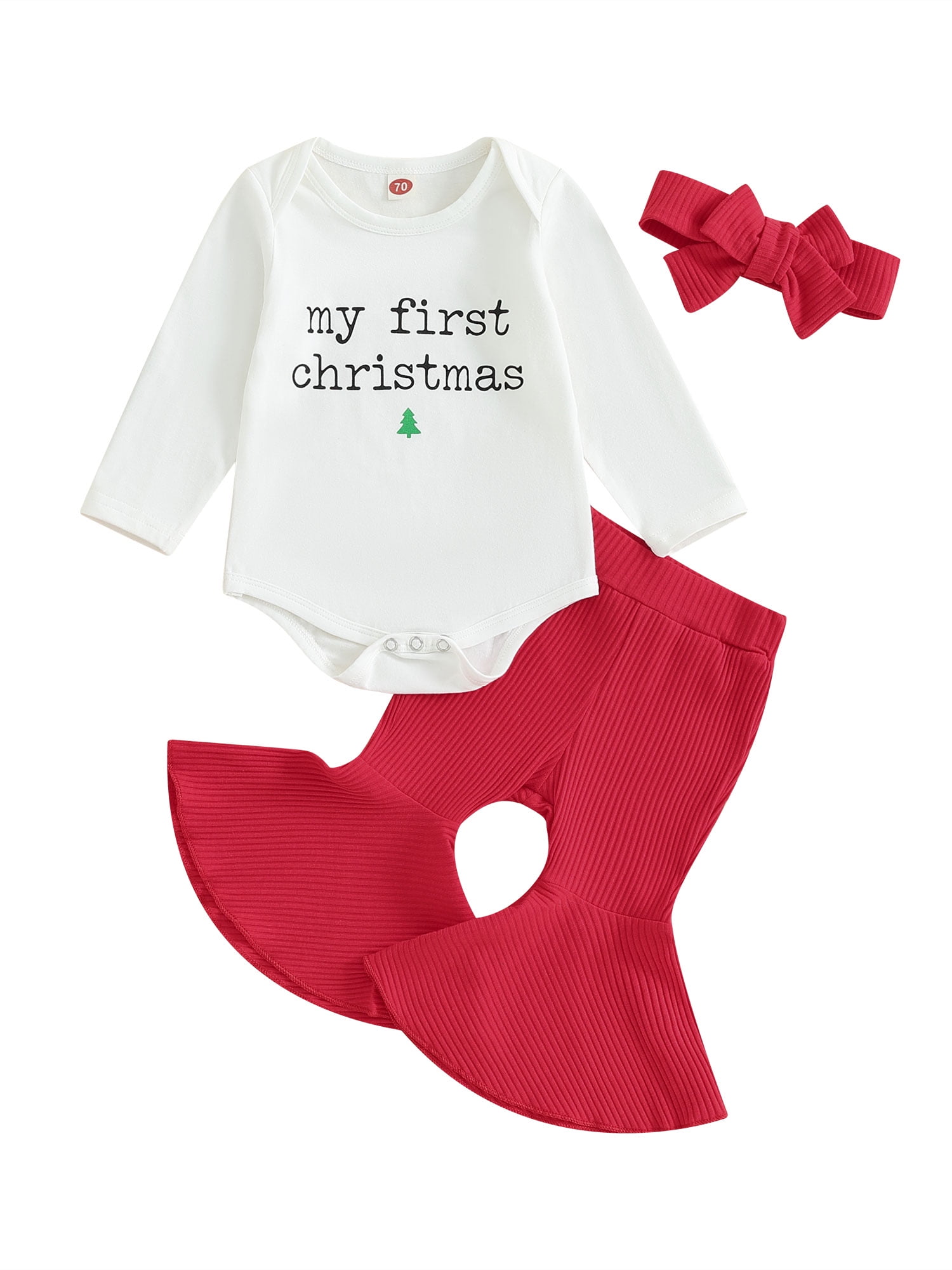 Newborn Baby Girl Christmas Outfit My First Christmas Romper Onesie Ribbed Flared Pants Headband ...