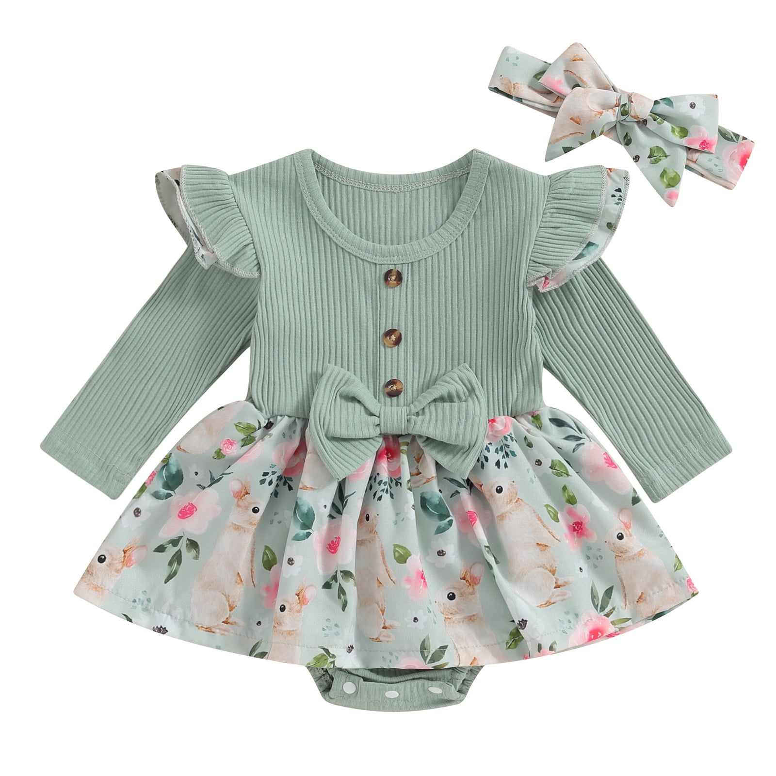 Newborn Baby Girl Easter Outfits Set Long Sleeve Bunny Flower Print A-line Romper Dress with ...