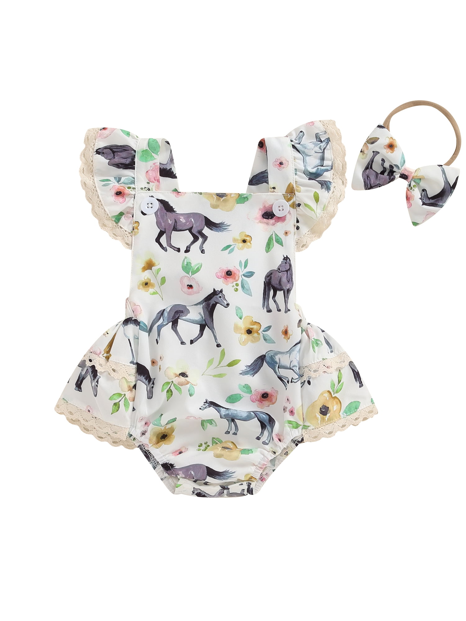 Newborn Baby Girl Farm Outfit Animal Horse Cow Print Romper Fly ...