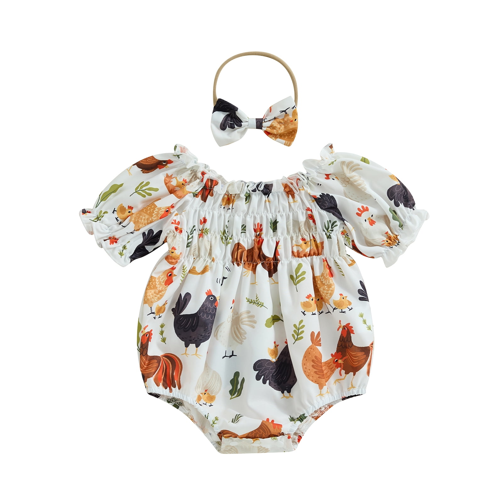 Newborn Baby Girl Farm Outfit Chicken Print Short Sleeve Romper Smocked ...