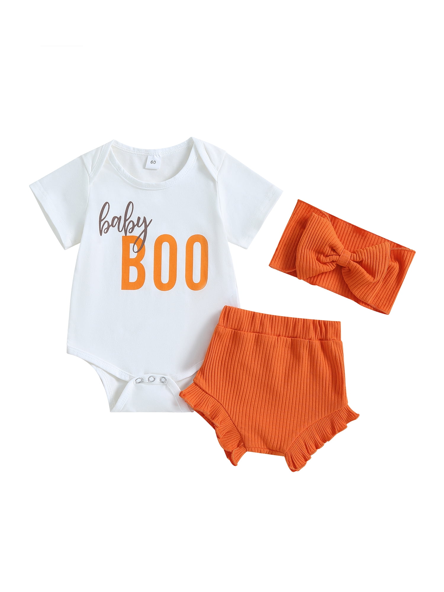 Newborn Baby Girl Halloween Outfit Baby Boo Short Sleeve Romper +Ribbed Ruffled Shorts +Headband ...