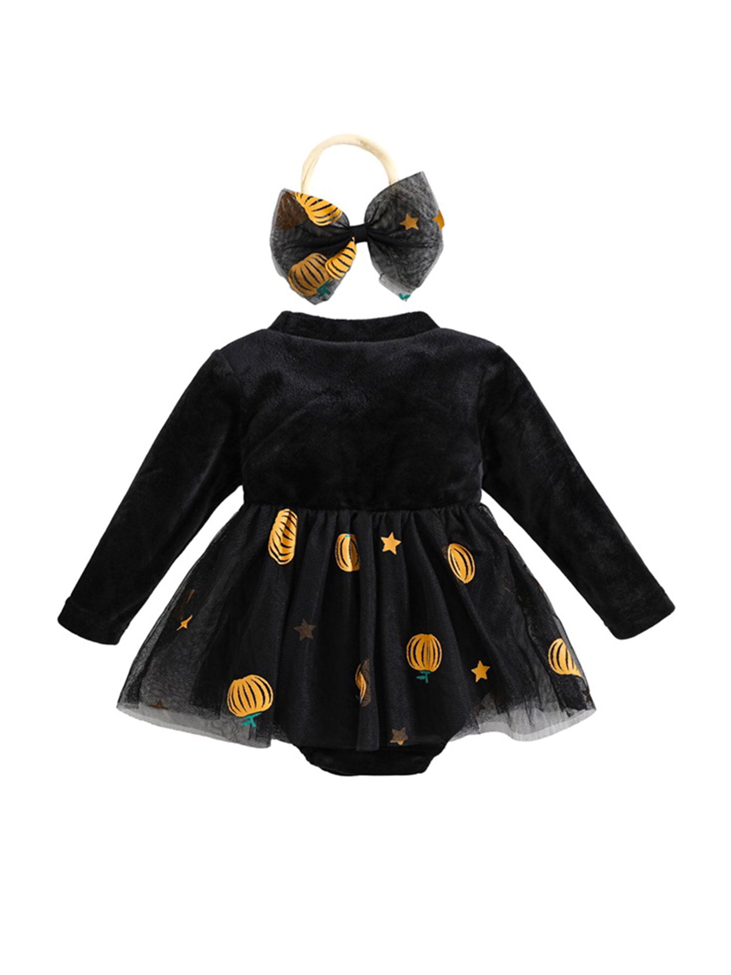 Newborn Baby Girl Halloween Outfit Long Sleeve Pumpkin Print Tulle Romper Dress with Headband ...