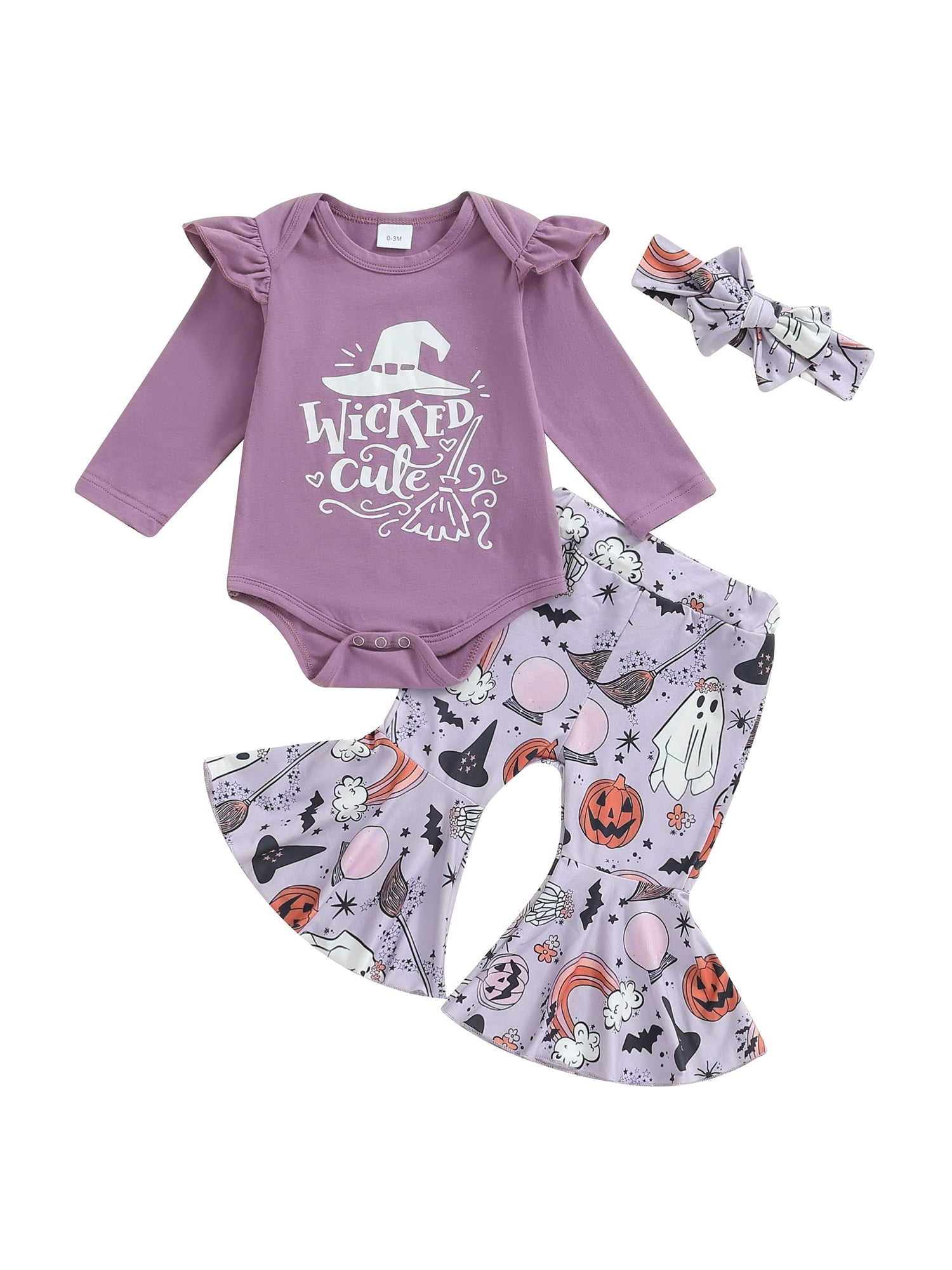 Newborn Baby Girl Halloween Outfits Long Sleeve Romper Tops Ghost Bell-Bottom Flare Pants ...