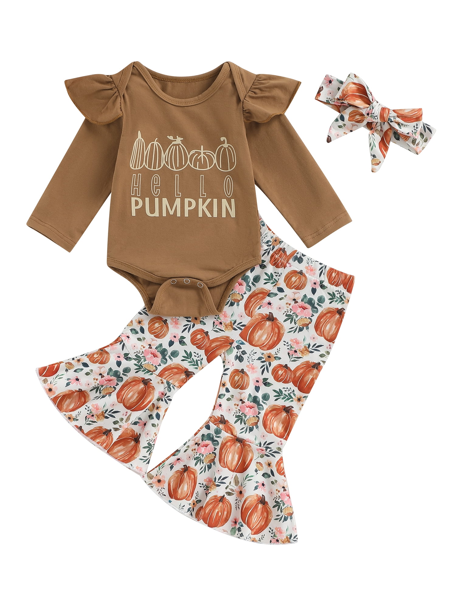 Newborn Baby Girl Halloween Outfits Long Sleeve Romper Tops Pumpkin Bell-Bottom Flare Pants ...