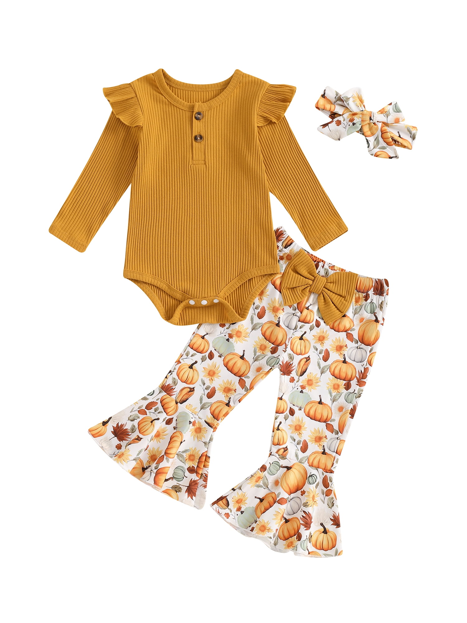 Newborn Baby Girl Halloween Outfits Long Sleeve Romper Tops Pumpkin Bell-Bottom Flare Pants ...