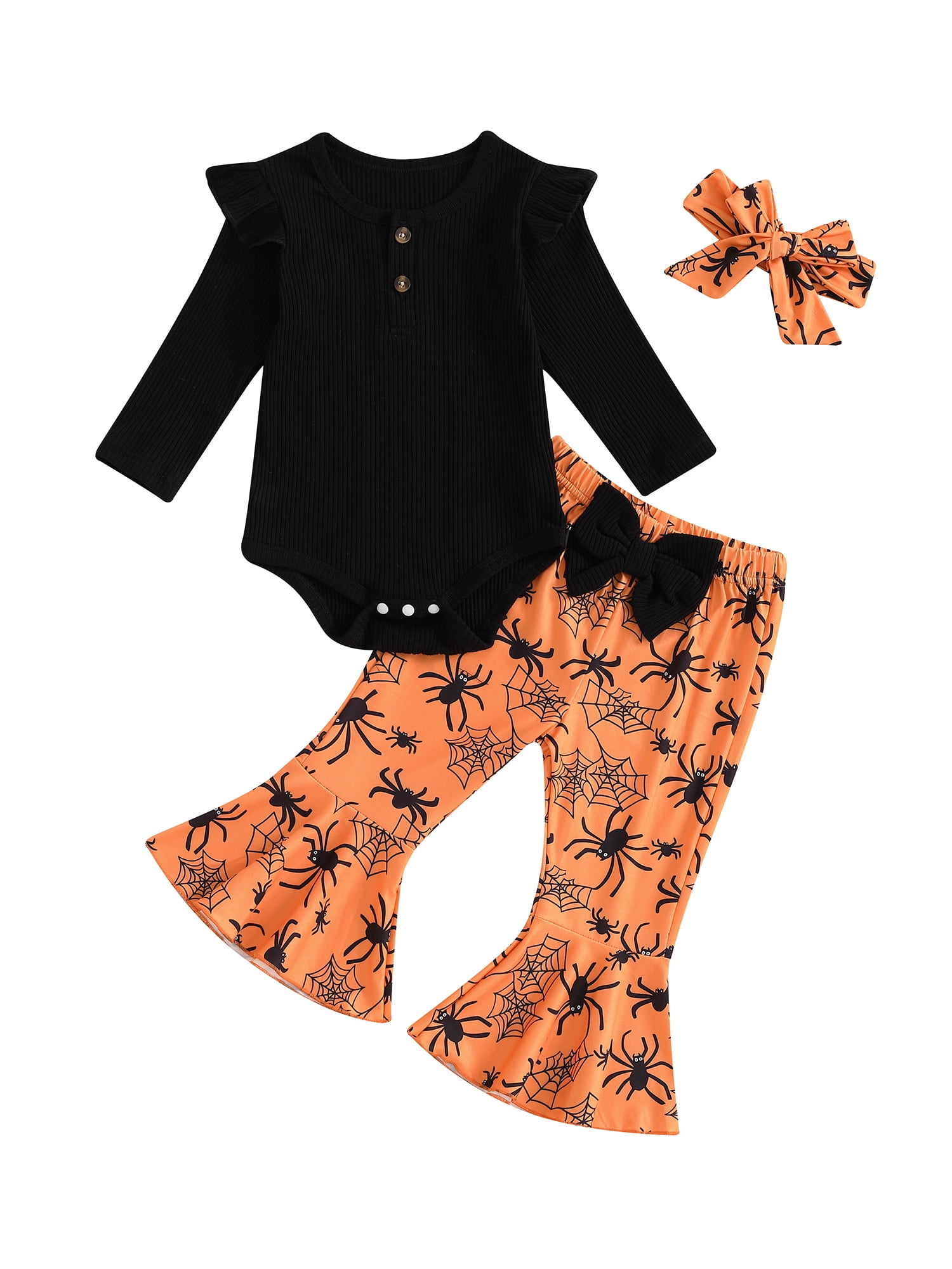 Newborn Baby Girl Halloween Outfits Long Sleeve Romper Tops Pumpkin Bell-Bottom Flare Pants ...