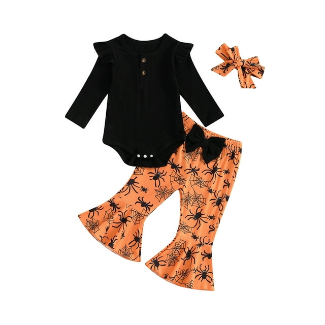 Newborn Baby Girl Halloween Outfits Long Sleeve Romper Tops Pumpkin Bell-Bottom Flare Pants ...