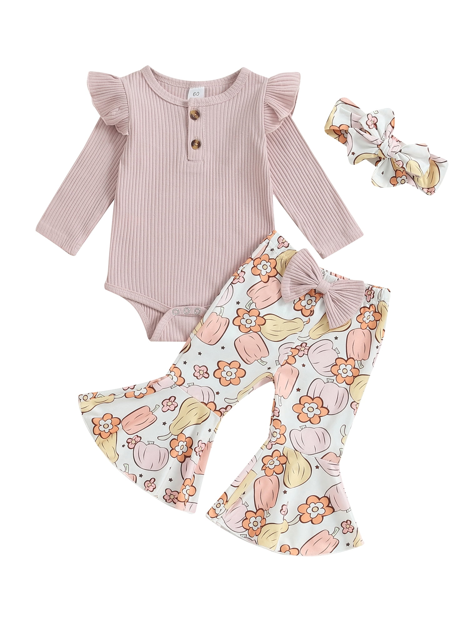 Newborn Baby Girl Halloween Outfits Long Sleeve Romper Tops Pumpkin Bell-Bottom Flare Pants ...