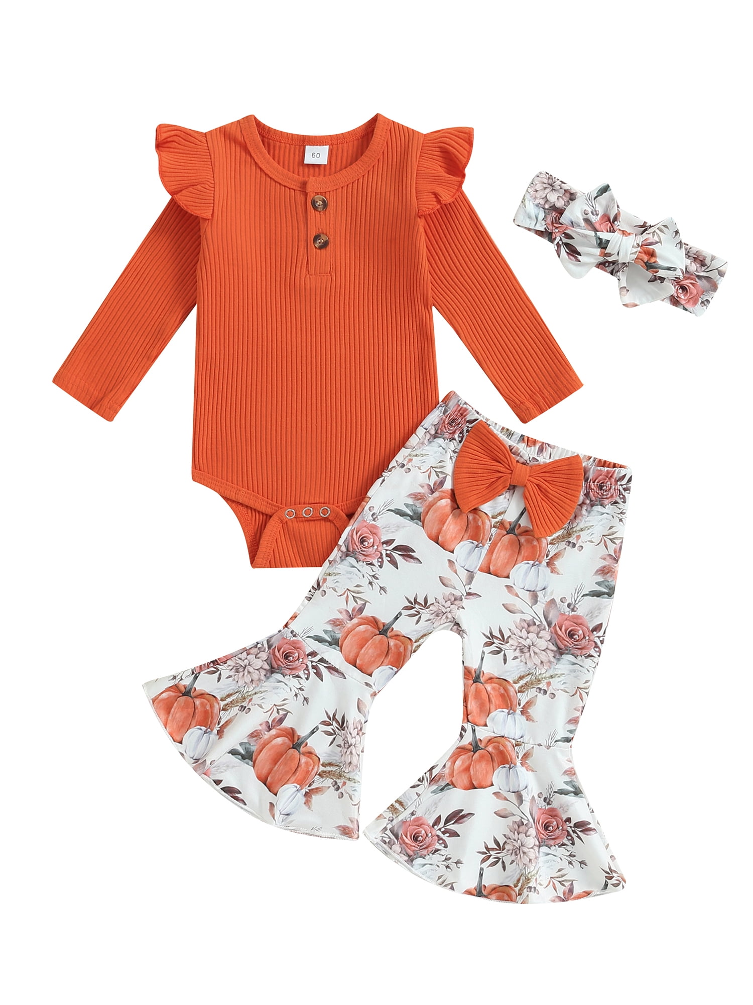 Newborn Baby Girl Halloween Outfits Long Sleeve Romper Tops Pumpkin Bell-Bottom Flare Pants ...