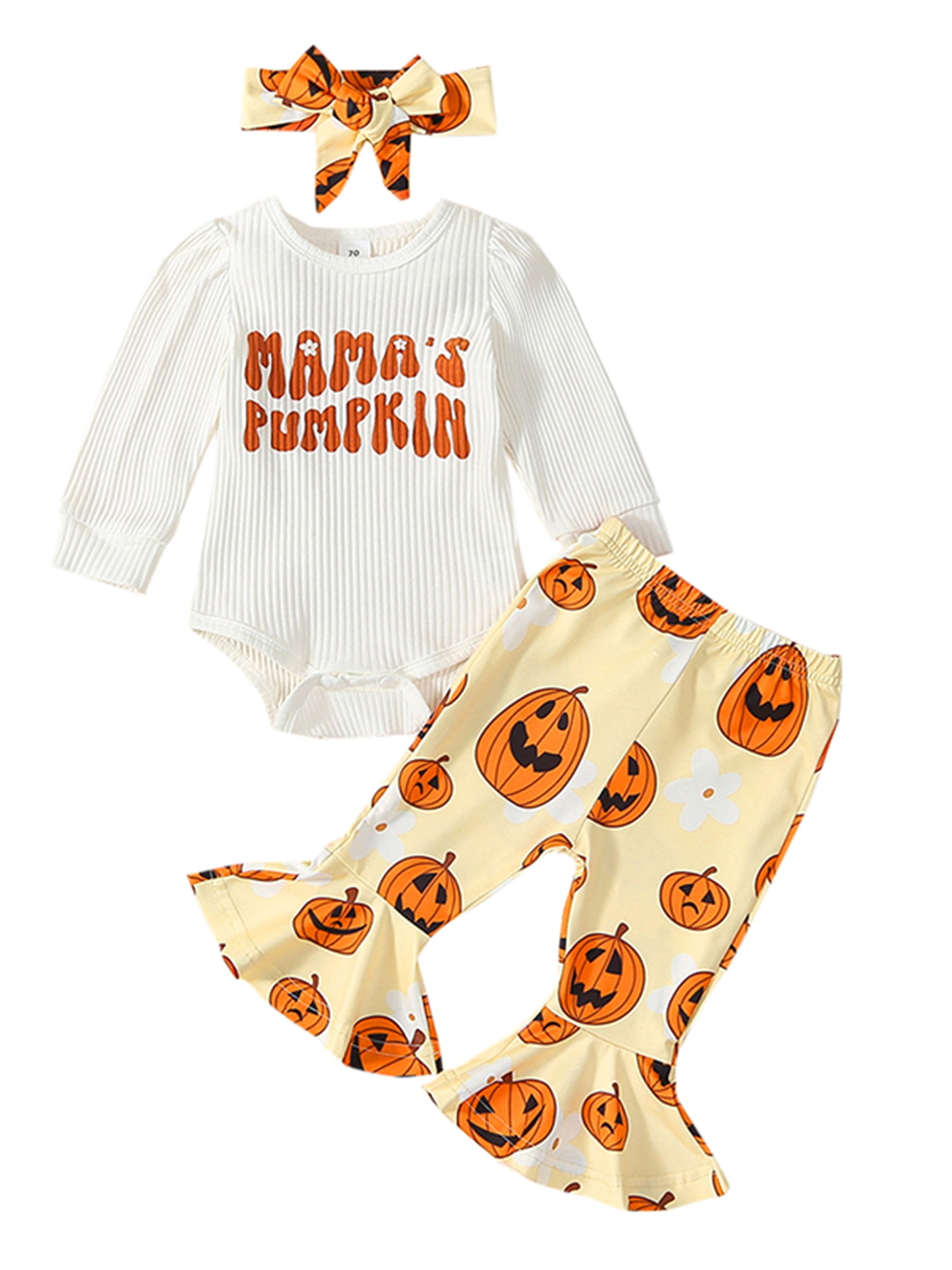 Newborn Baby Girl Halloween Outfits Long Sleeve Romper Tops Pumpkin Bell-Bottom Flare Pants ...