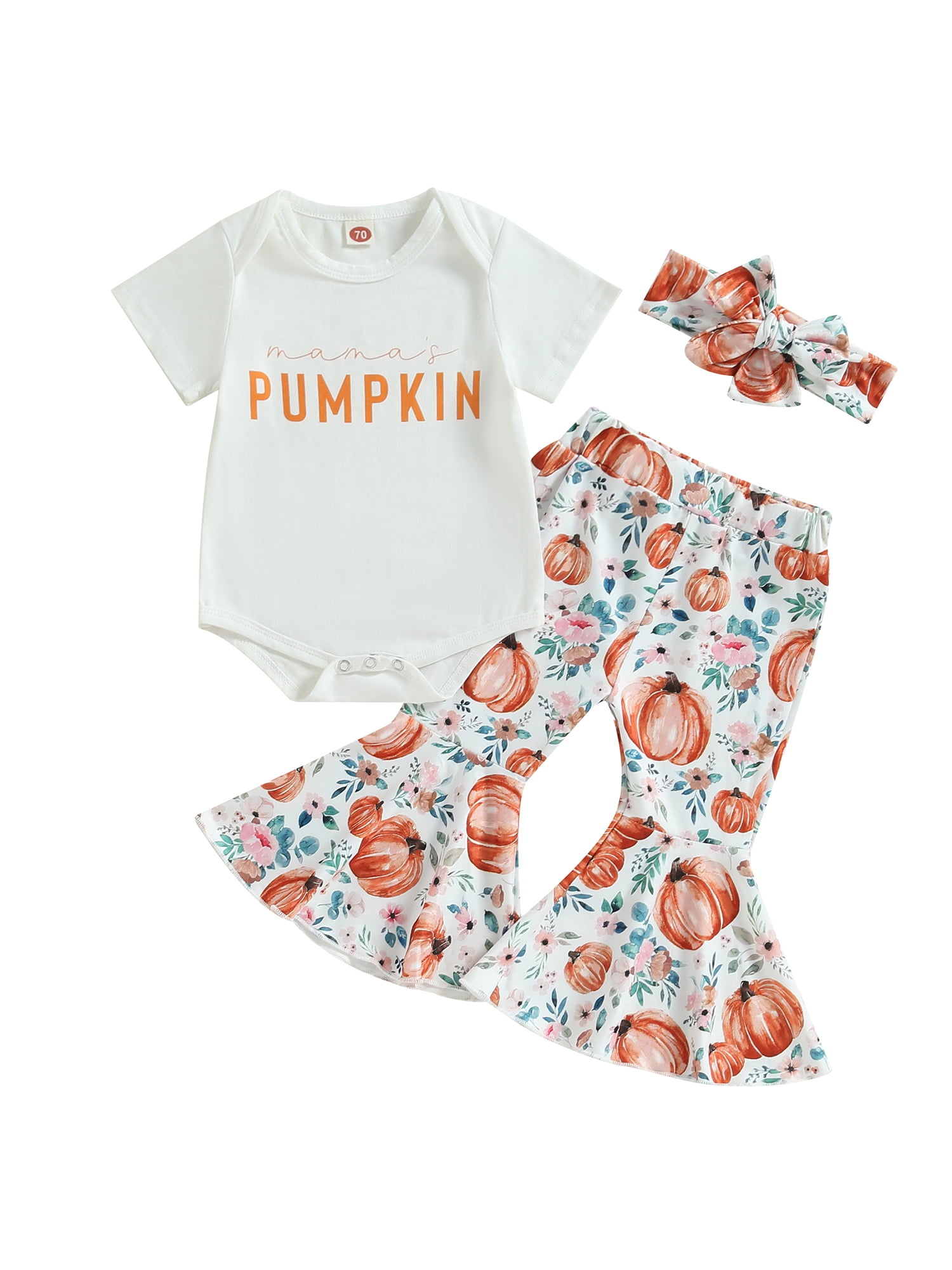 Newborn Baby Girl Halloween Outfits Short Sleeve Romper Tops Pumpkin Bell-Bottom Flare Pants ...