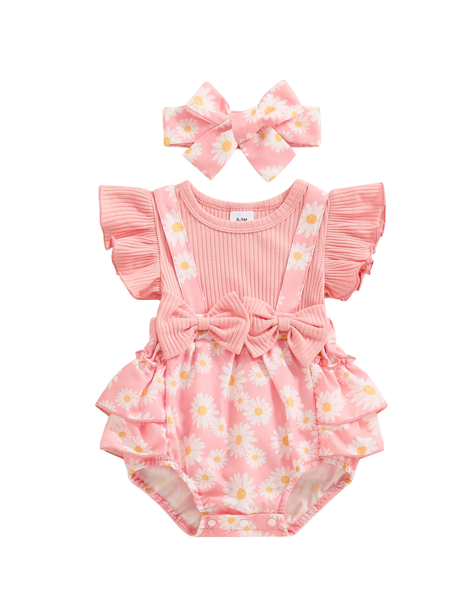 Newborn Baby Girl Outfits Daisy Floral Romper Dress Ruffle Suspender Dress Bodysuit with ...
