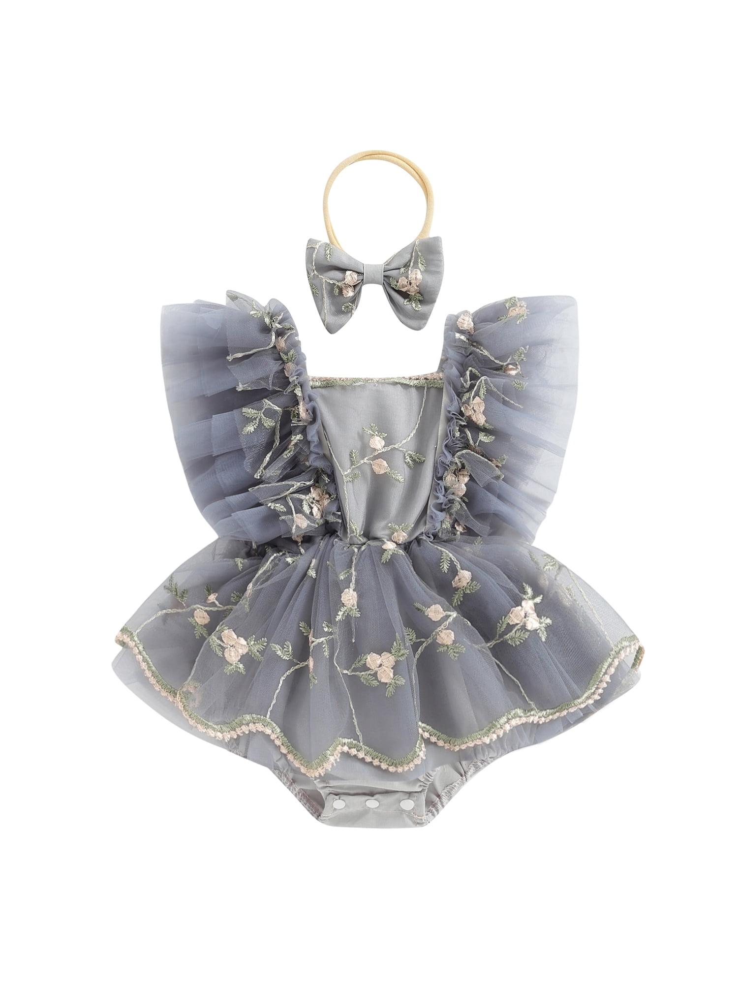 Newborn Baby Girl Outfits Ruffle Lace Embroidery Tulle Romper Fly Sleeve Square Neck Jumpsuit ...