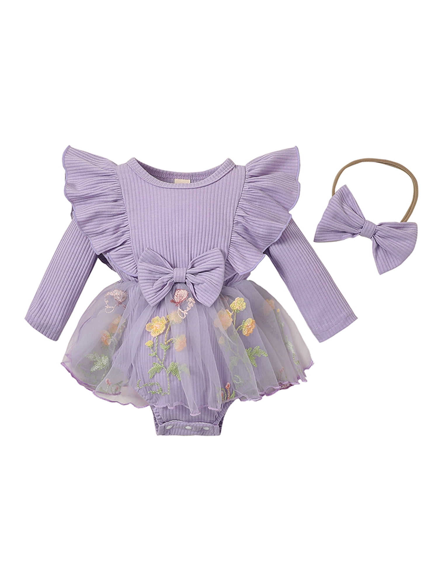 Newborn Baby Girl Princess Rompers Dress Rib Knit Flower Embroidery Mesh Ruffle Hem Bodysuit ...