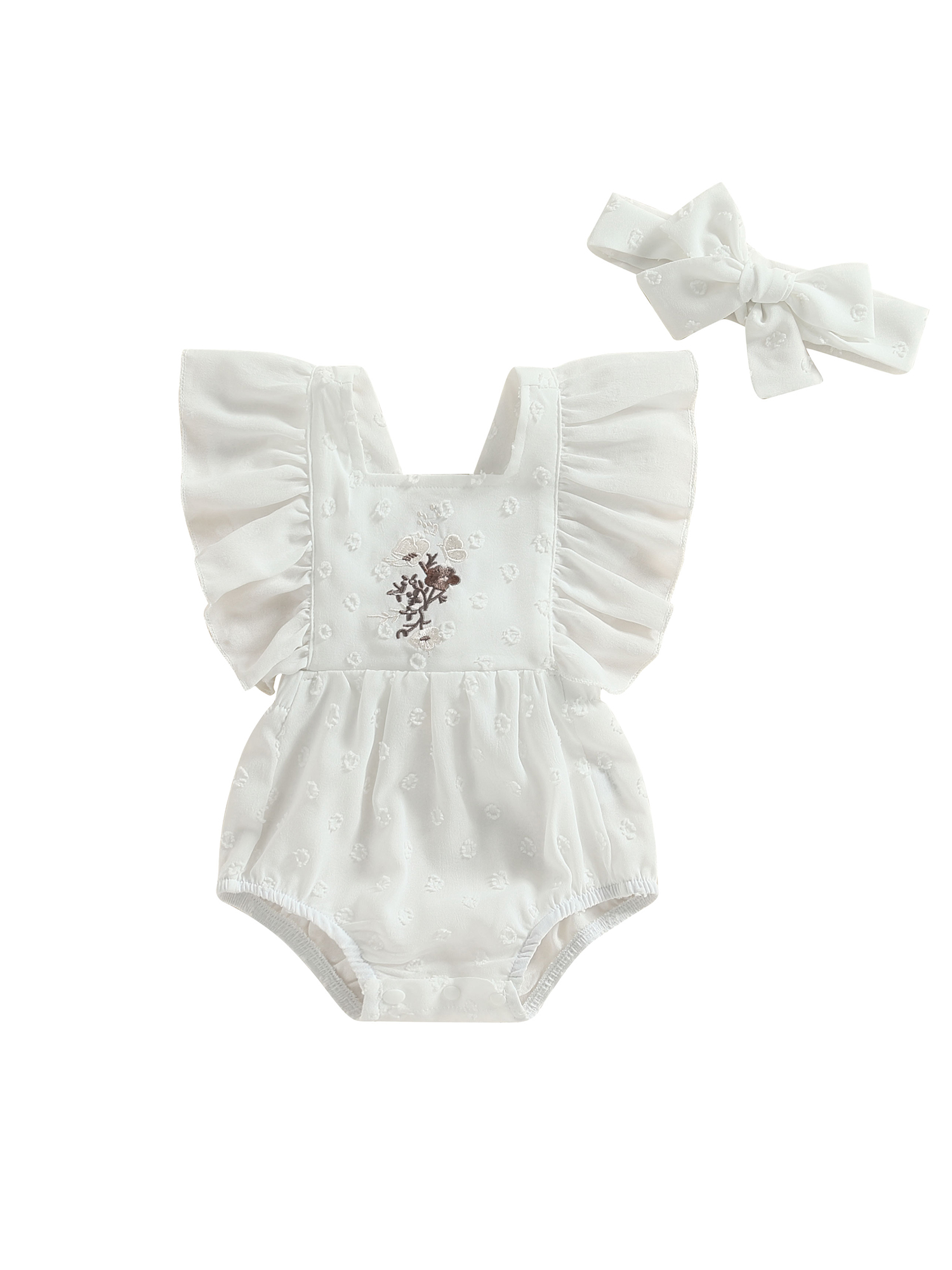 Newborn Baby Girl Ruffle Sleeve Bodysuit Floral Embroidery Romper with Headband Summer Clothes ...