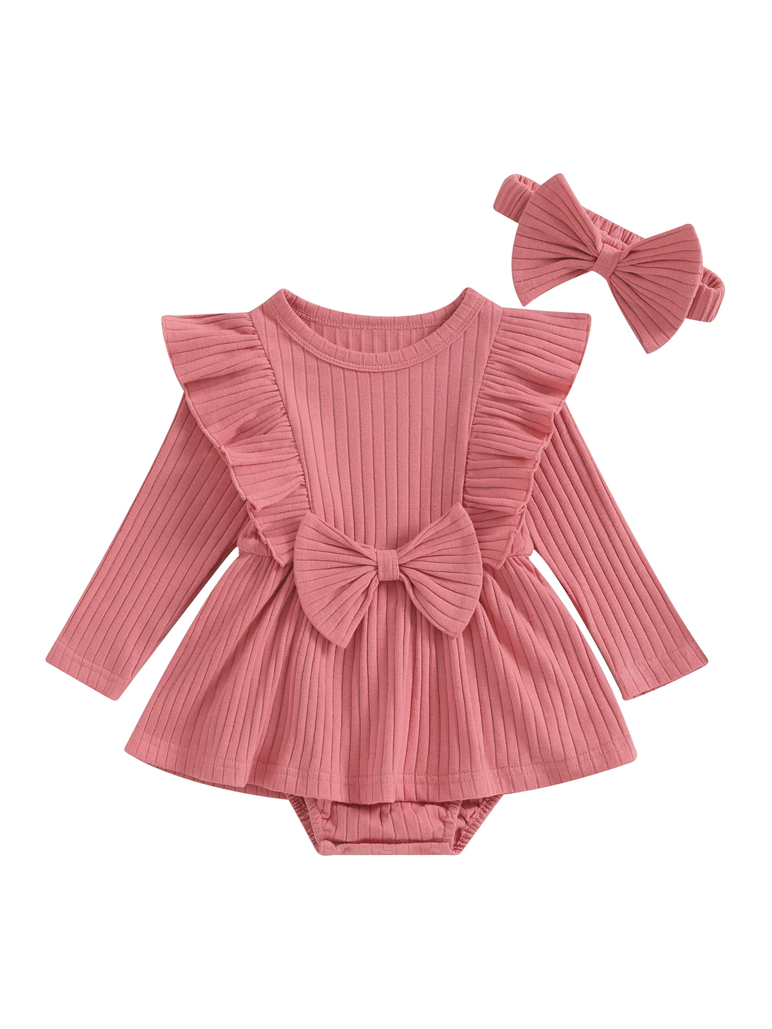 Newborn Baby Girl Solid Ribbed Ruffle Long Sleeve Romper Dress with Headband Fall Winter Clothes ...