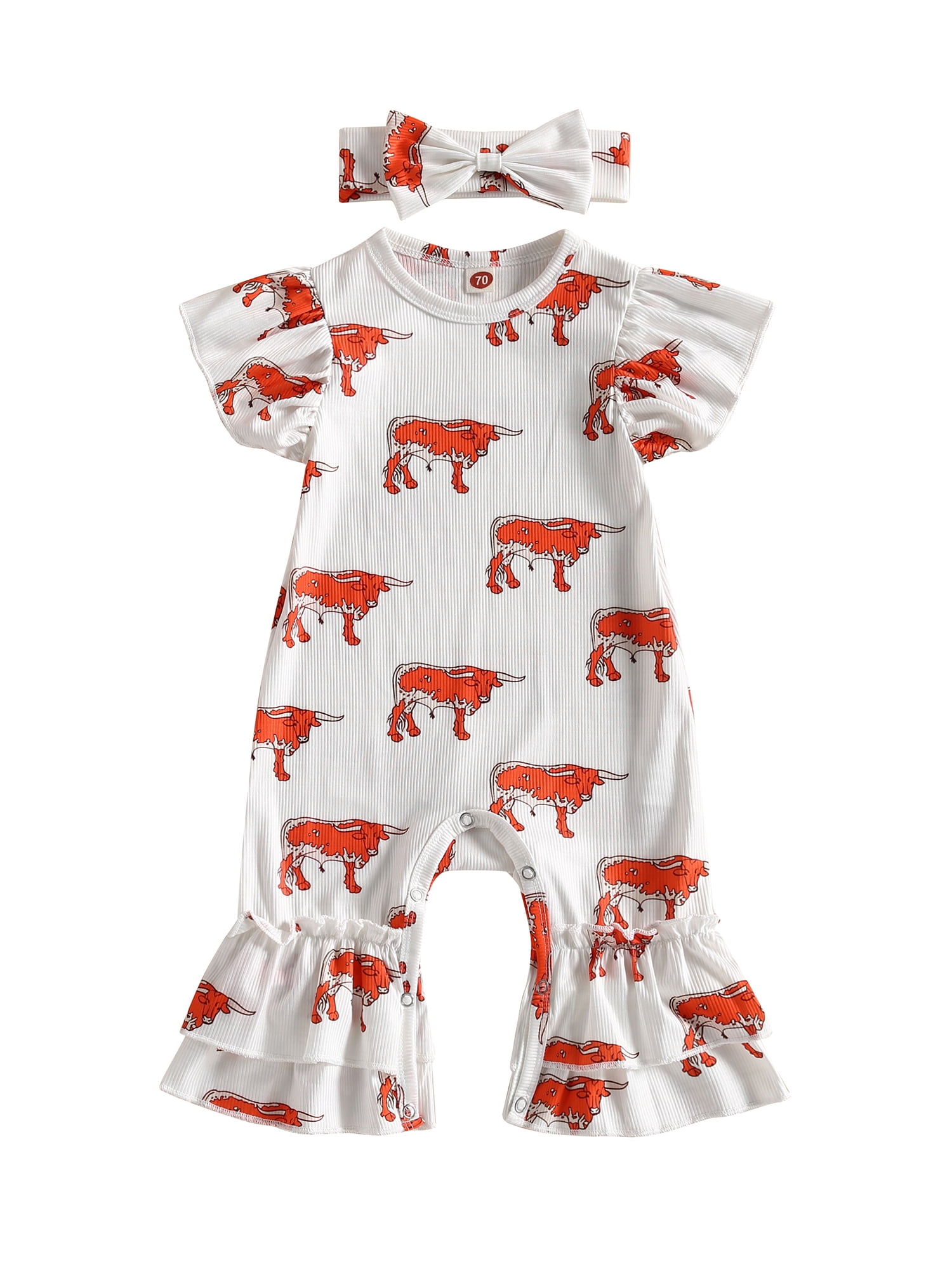 Newborn Baby Girl Summer Clothes Western Cow Short Sleeve Bodysuit Bell ...