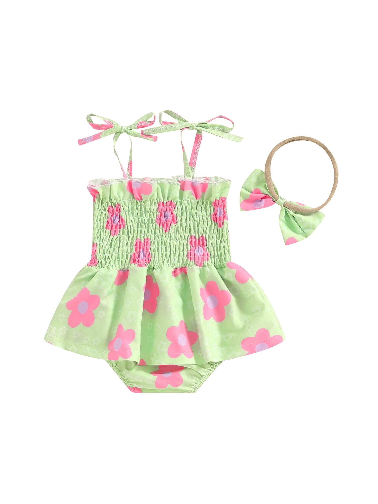 Newborn Baby Girl Summer Outfit Sleeveless Halter Floral Romper Dress Ruffle Smocked Skirts ...