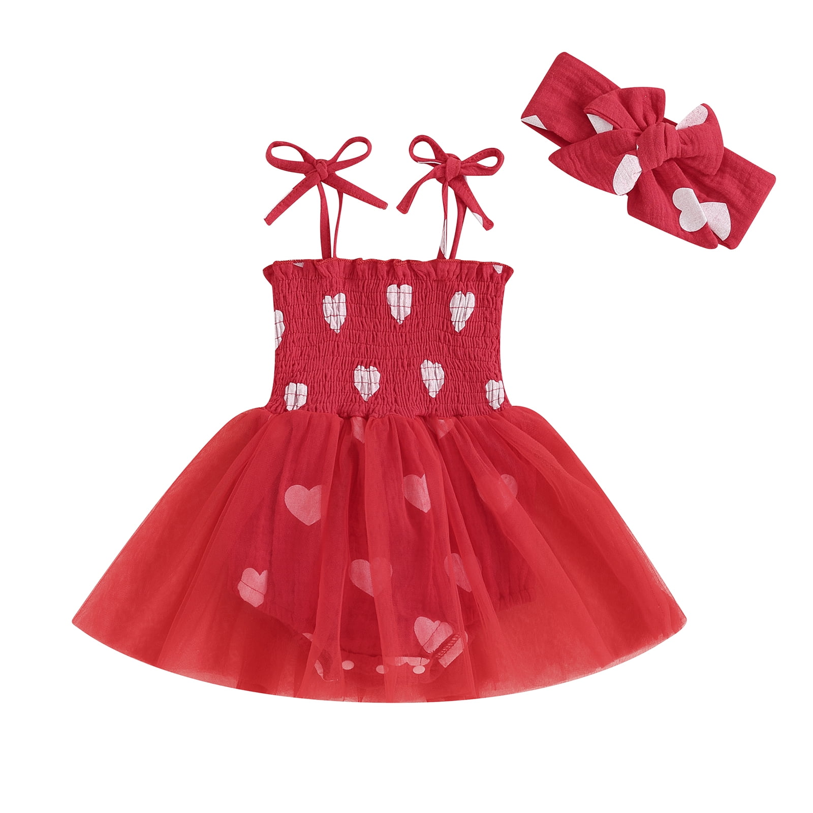 Newborn Baby Girl Valentine Day Outfits Tie-up Heart Print Tulle Romper Dress Sleeveless ...