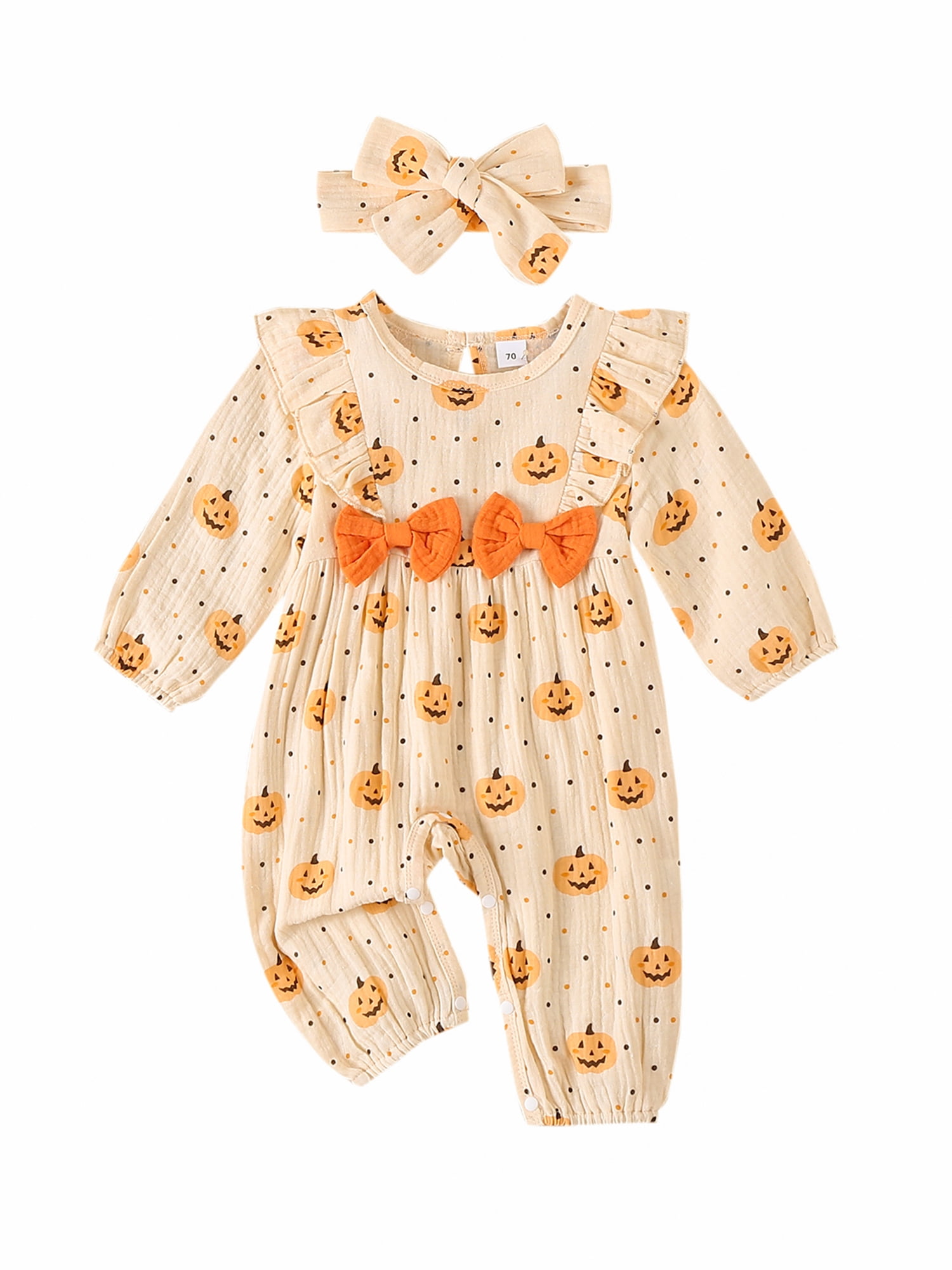 Newborn Baby Girls Halloween Outfits 2PCS Long Sleeve Pumpkin Print Bow Ruffle Romper Jumpsuit ...