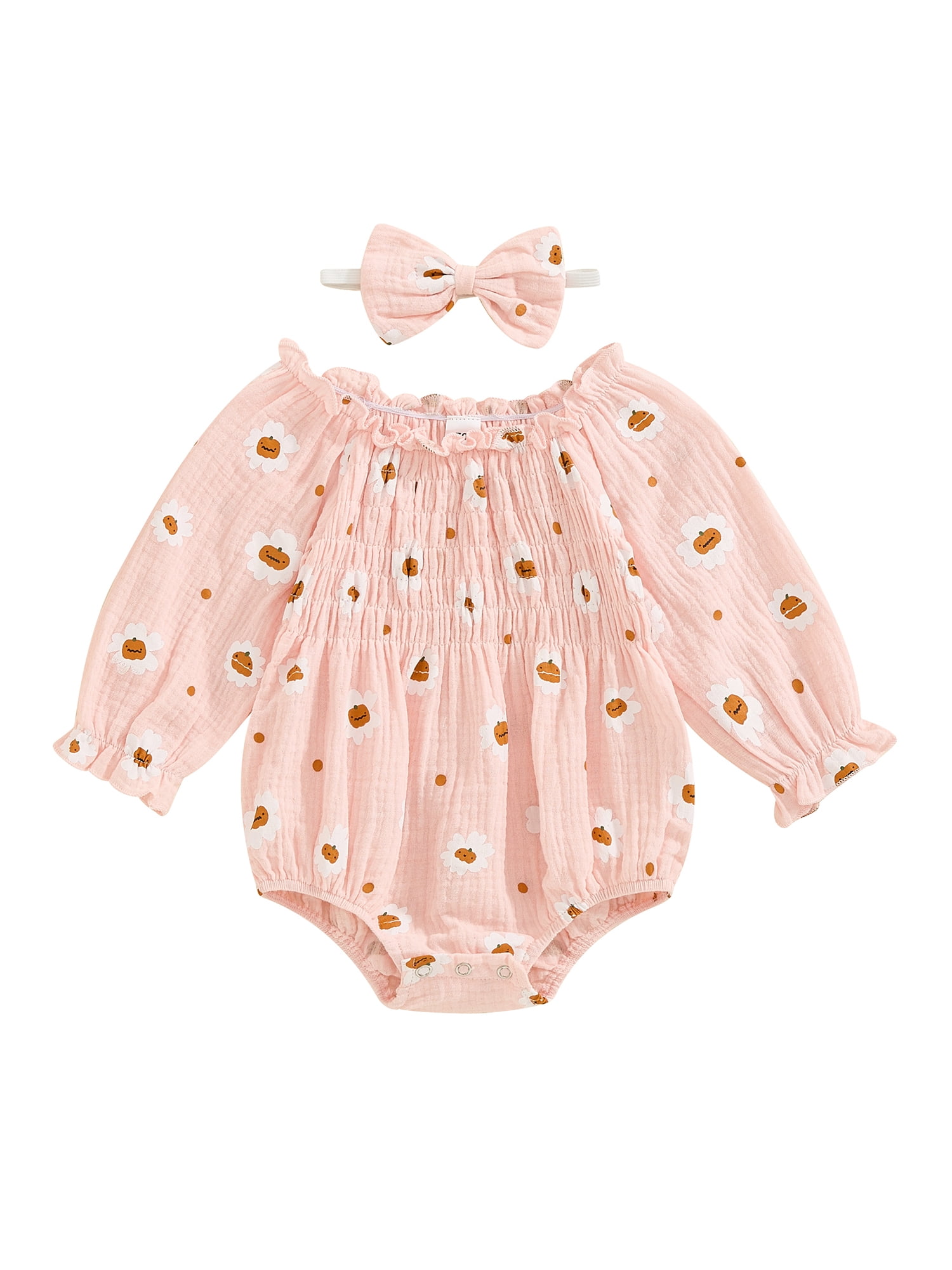Newborn Baby Girl Halloween Outfit Cute Pumpkin Ruched Romper Ruffle Long Sleeve Smocked ...