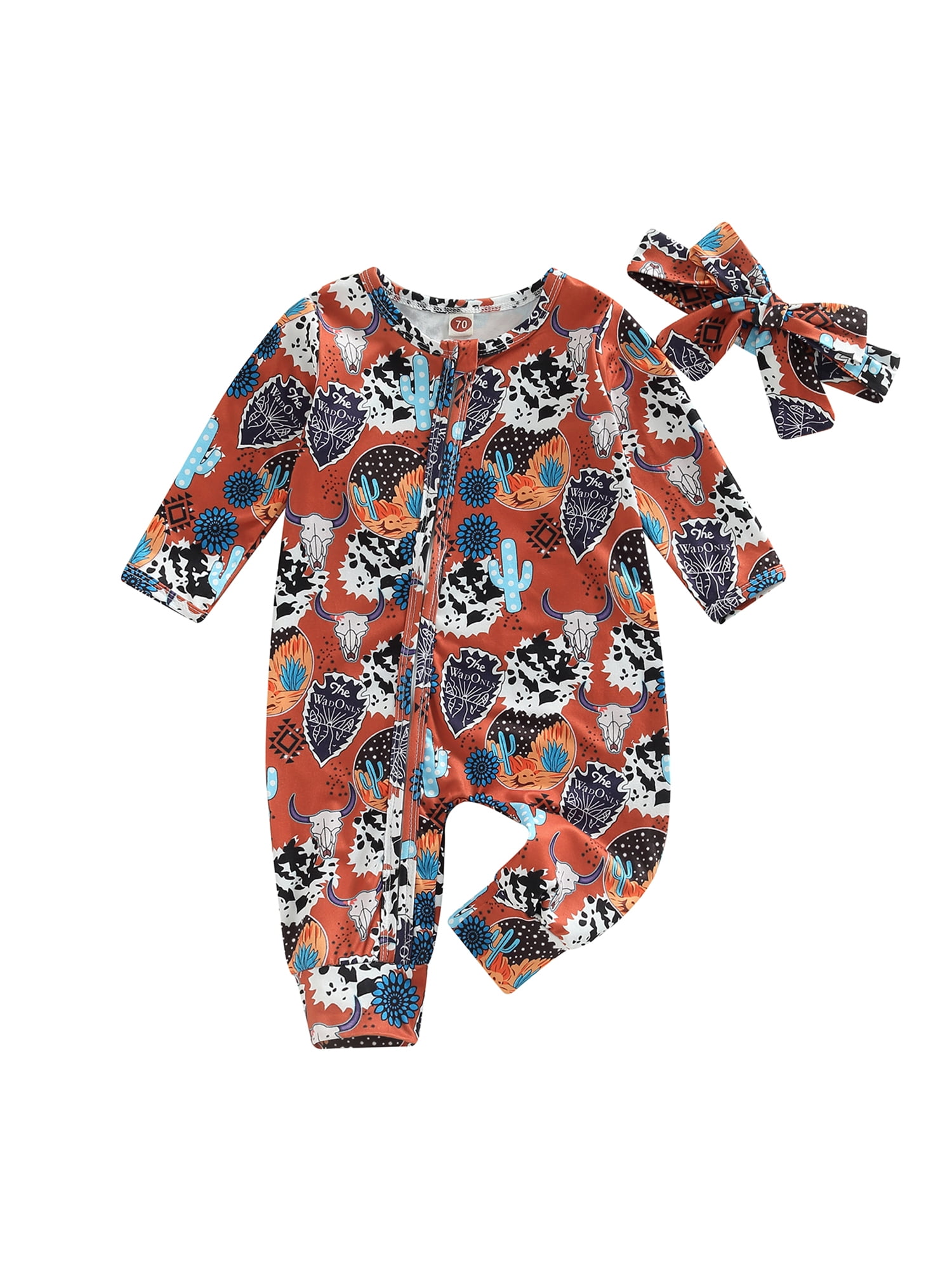 Newborn Baby Girls Western Clothes One Piece Floral Cow Romper Long Sleeve Zipper Jumpsuit ...