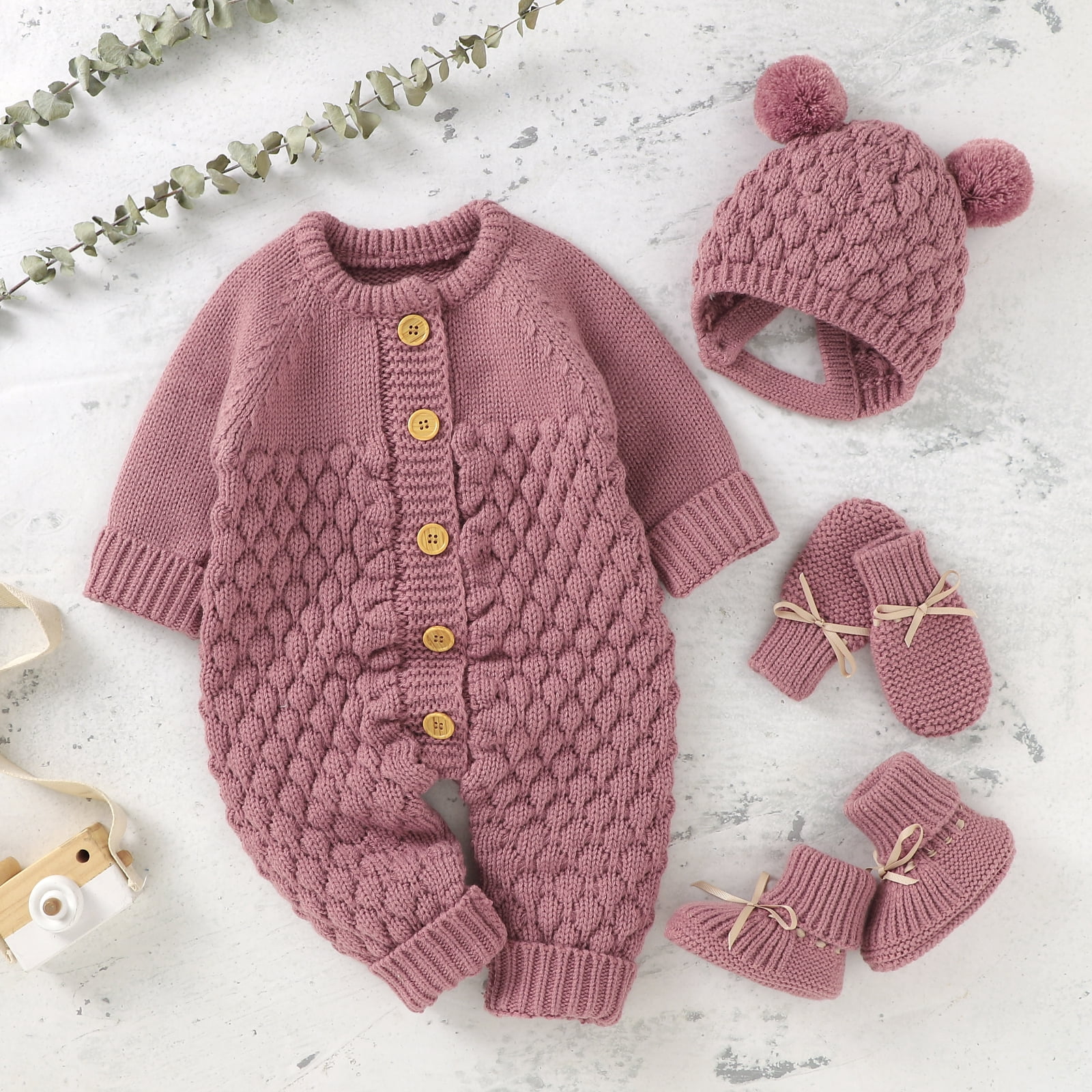 Newborn Baby Romper Shoes Gloves Set Knit Girl Boy Jumpsuit Boot Mitten ...