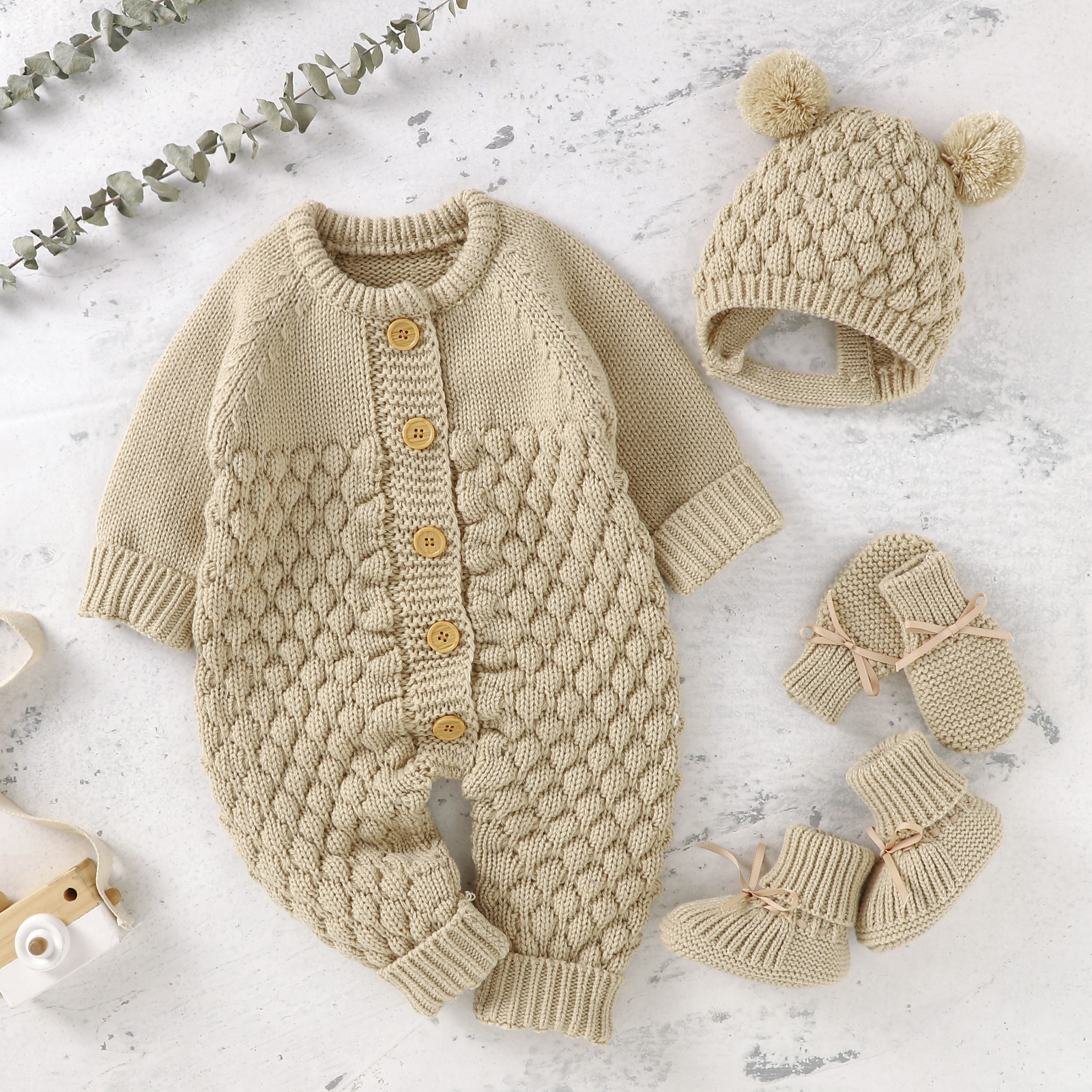 Newborn Baby Romper Shoes Gloves Set Knit Girl Boy Jumpsuit Boot Mitten ...