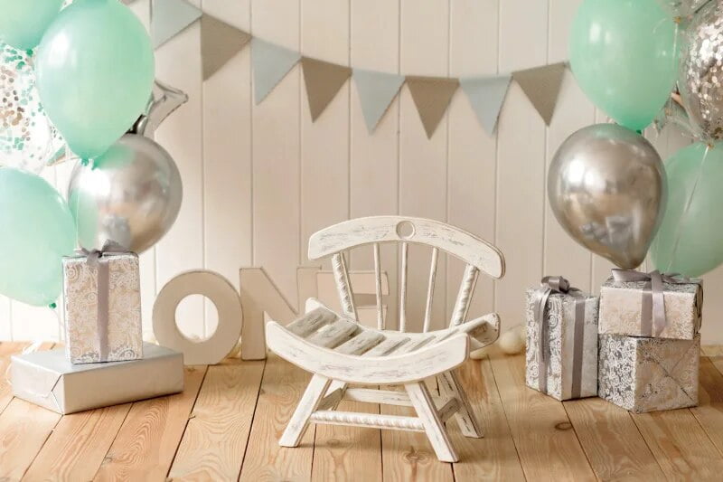 Newborn Baby Shower Backdrop Green Balloon Gift Gray Wooden Floor ...