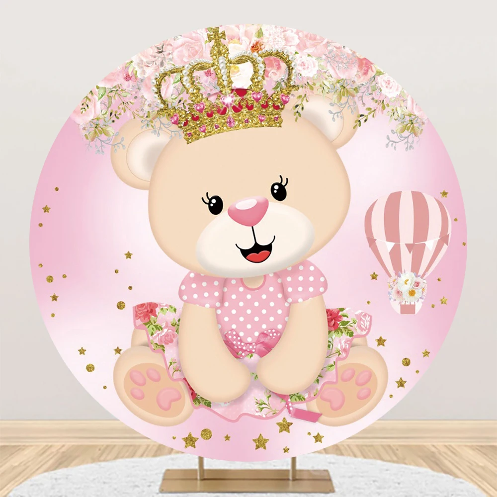 Newborn Baby Shower Bear Round Backdrop Cover Hot Air Balloon We Can ...