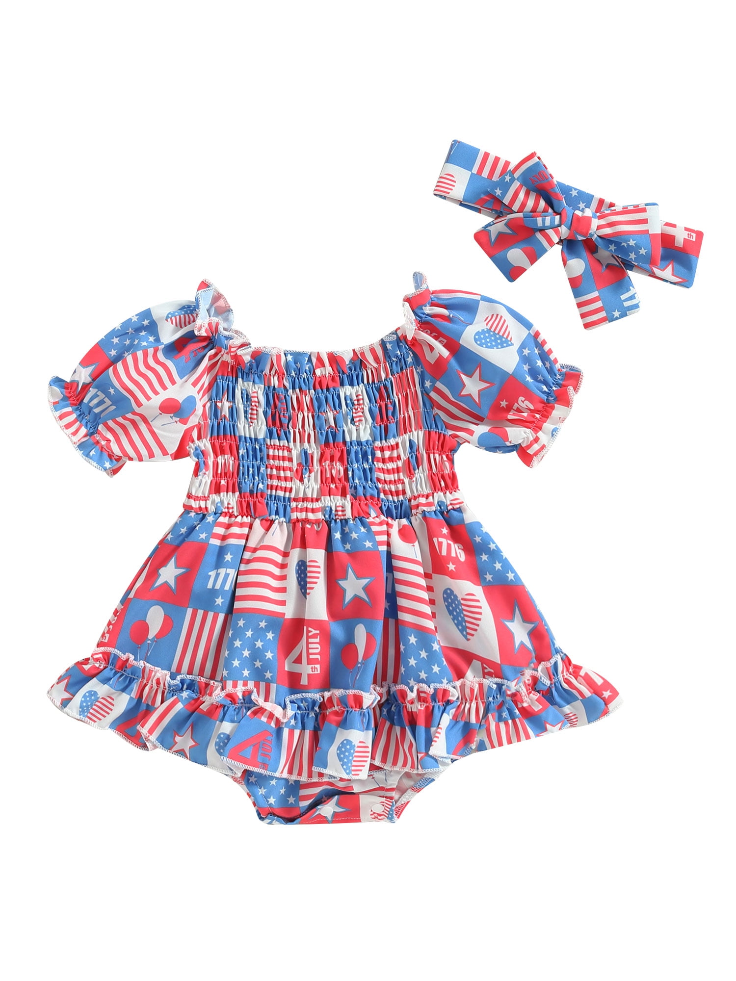Newborn Infant Baby Girl 4th of July Romper Dress America Flag Onesie Ruffle Smocked Jumpsuit ...