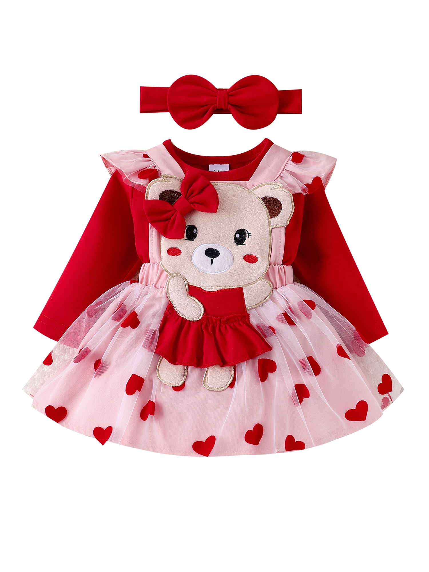 Newborn Infant Baby Girls Valentine's Day Skirt Set Long Sleeve Romper Heart Printed Bear ...