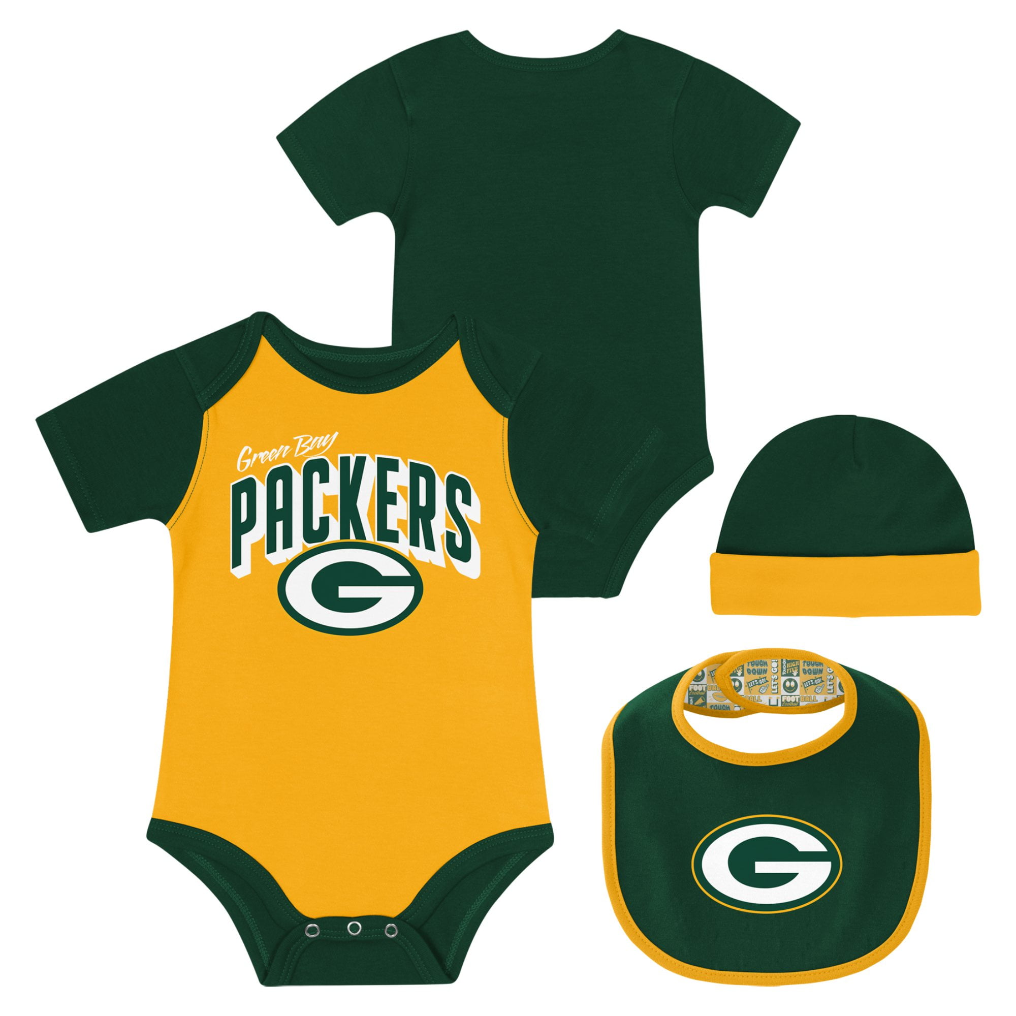 Newborn & Infant Green Bay Packers Dynamic Duo Bodysuit, Bib & Knit Hat ...